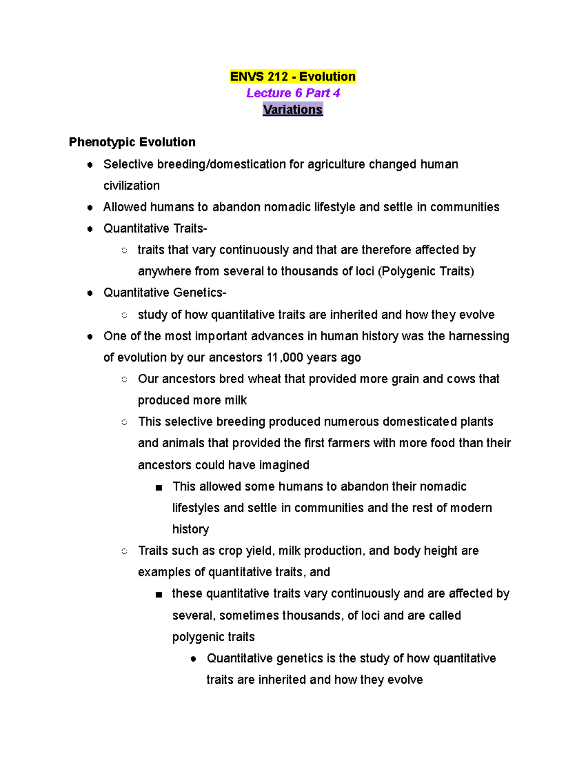 ENVS 212 Lecture 6 Part 4 - Spring 2020 - ENVS 212 - Evolution Lecture 6 Part 4 Variations - Studocu