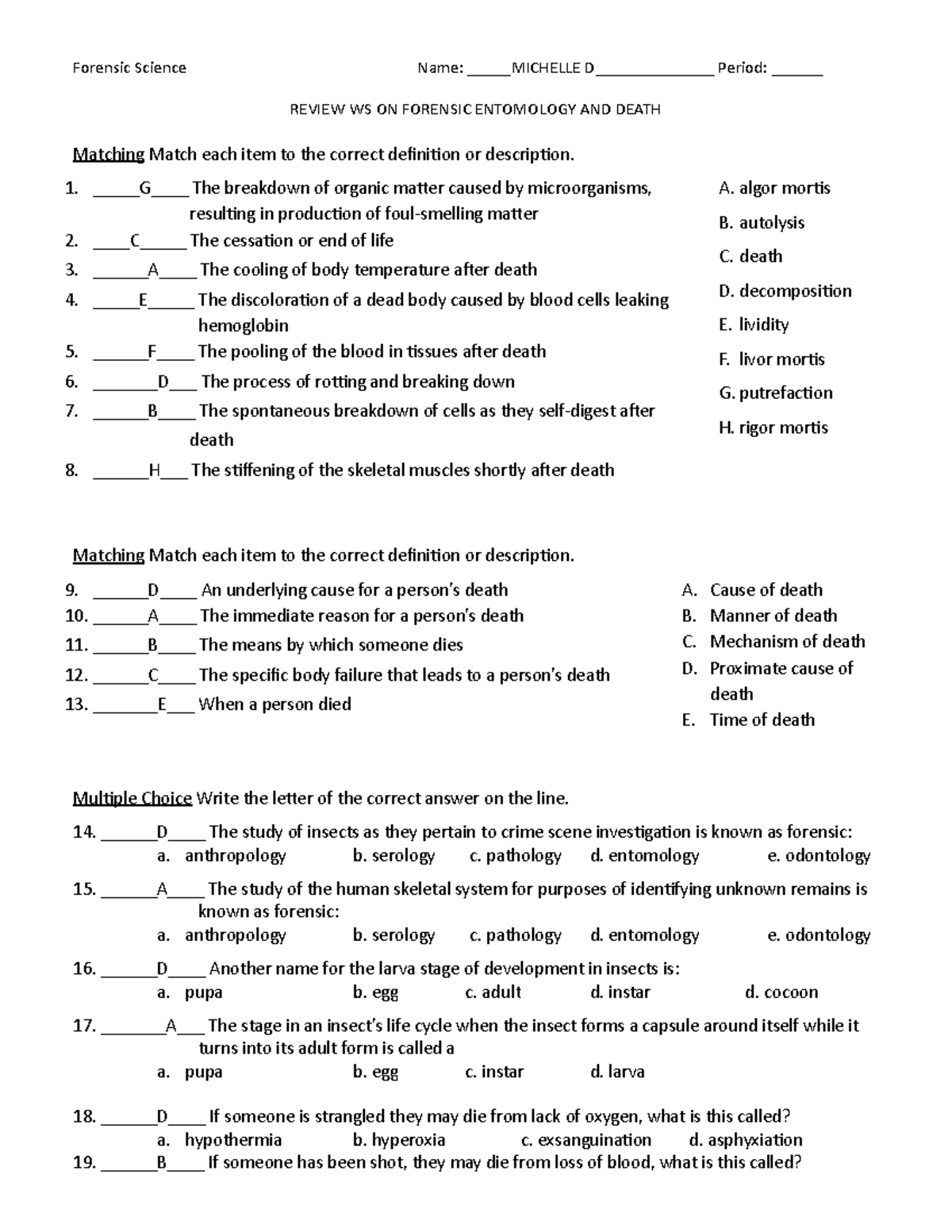 Forensic Entomology and Death - Forensic Science Name: MICHELLE D ...