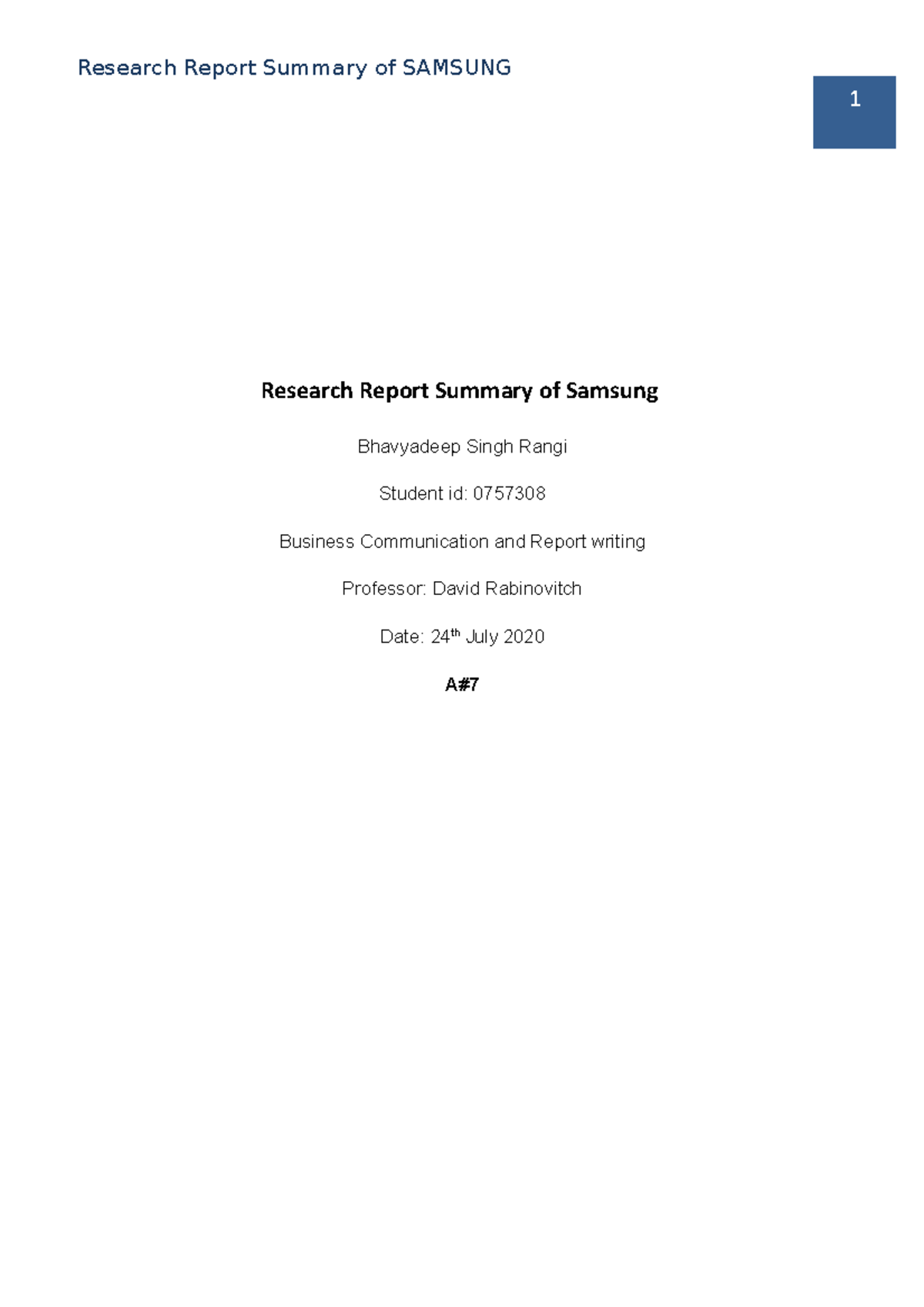Research Report Summary of Samsung, 0757308,A#7 - 1 Research Report ...