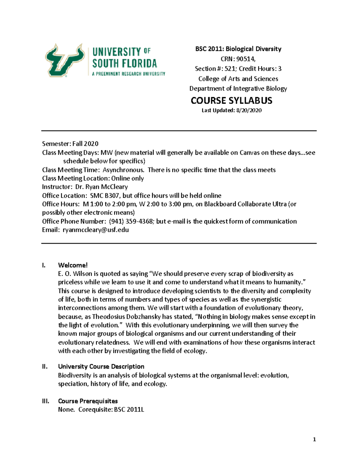 BSC2011 - Bio II Fall 2020 Syllabus (1) - Semester: Fall 2020 Class ...