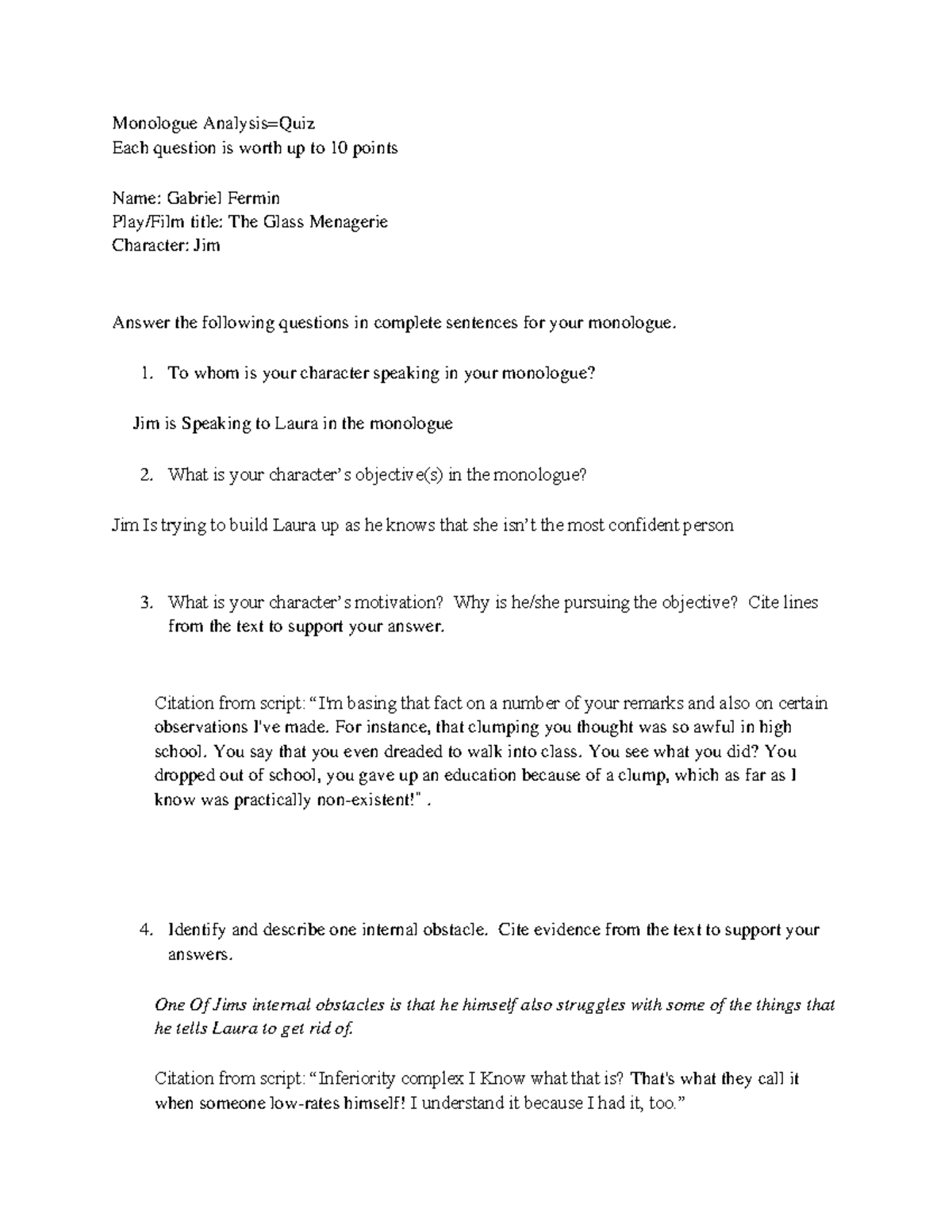 Monologue Quiz - Monologue Analysis=Quiz Each question is worth up to ...