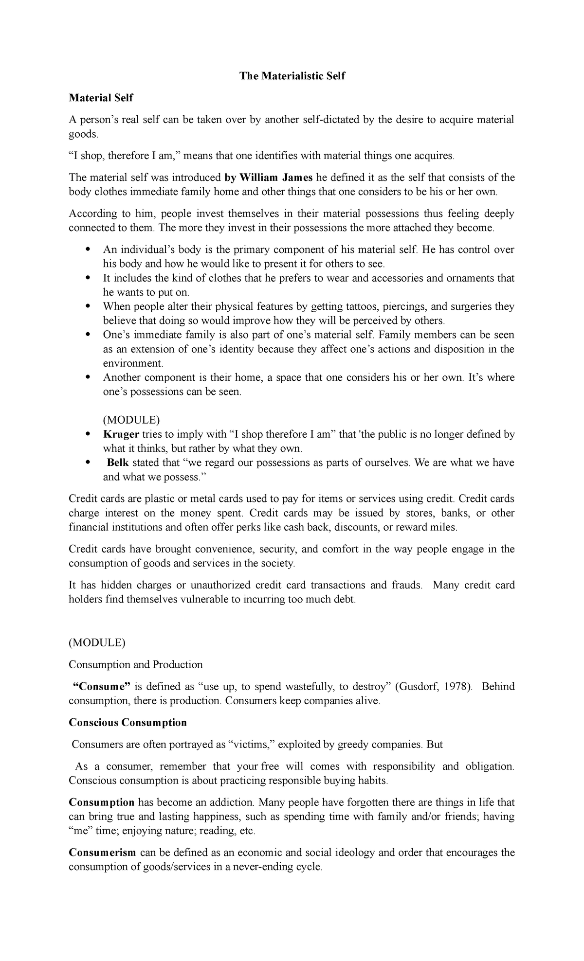 The Materialistic Self hand out - The Materialistic Self Material Self ...