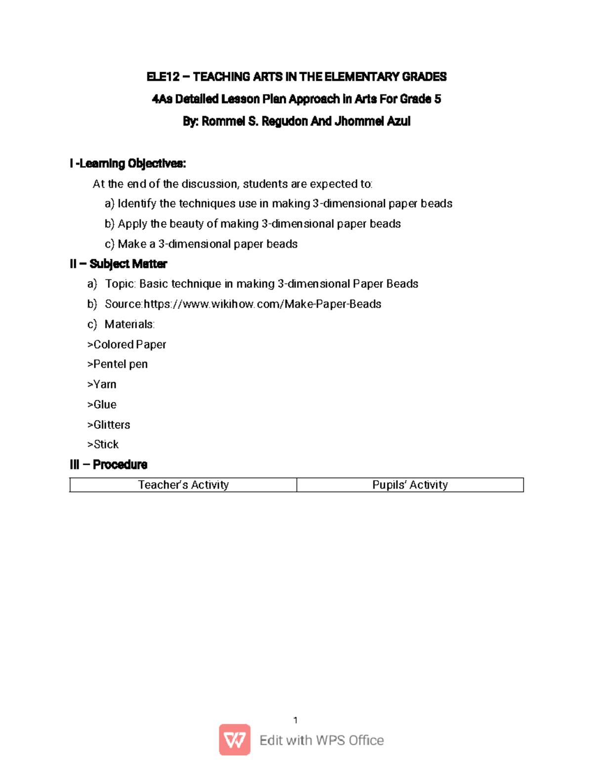 ELE12-4As-Rommeldocx - ELE12 – TEACHING ARTS IN THE ELEMENTARY GRADES ...