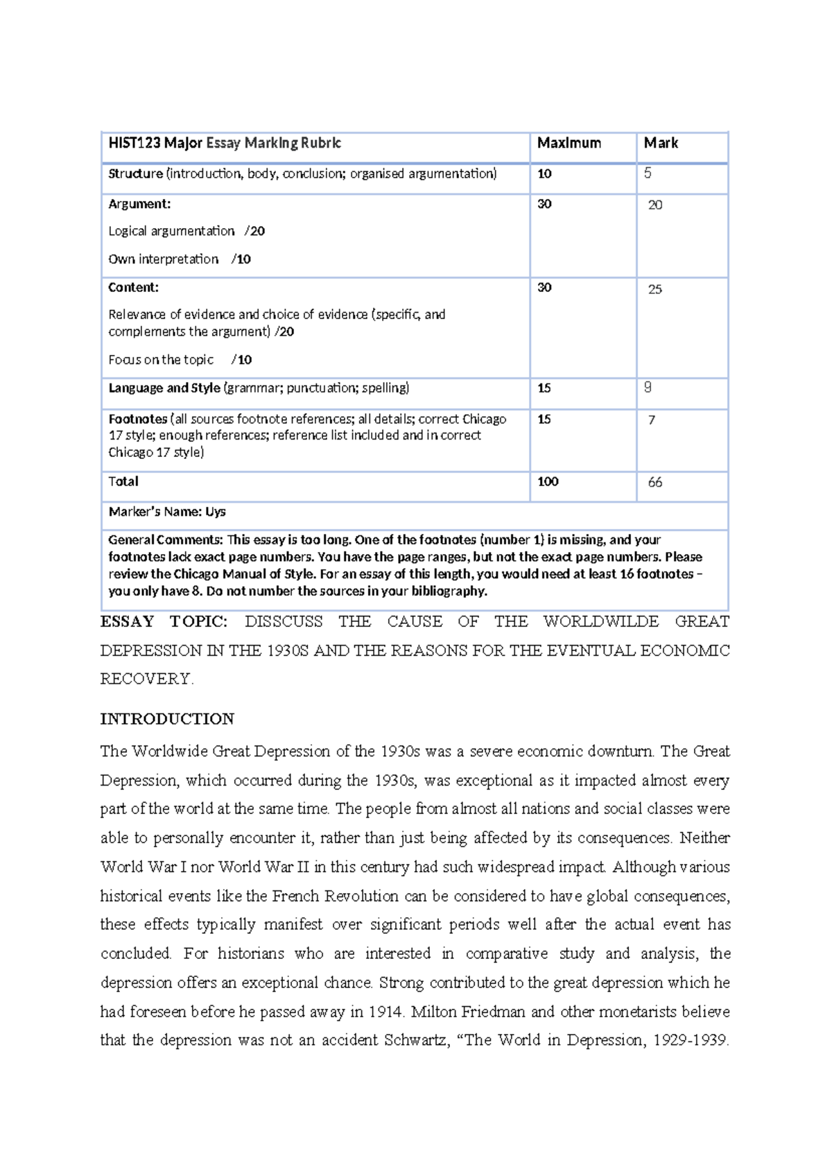 ESSAY TOPIC: DISSCUSS THE CAUSE OF THE WORLDWILDE GREAT DEPRESSION IN ...