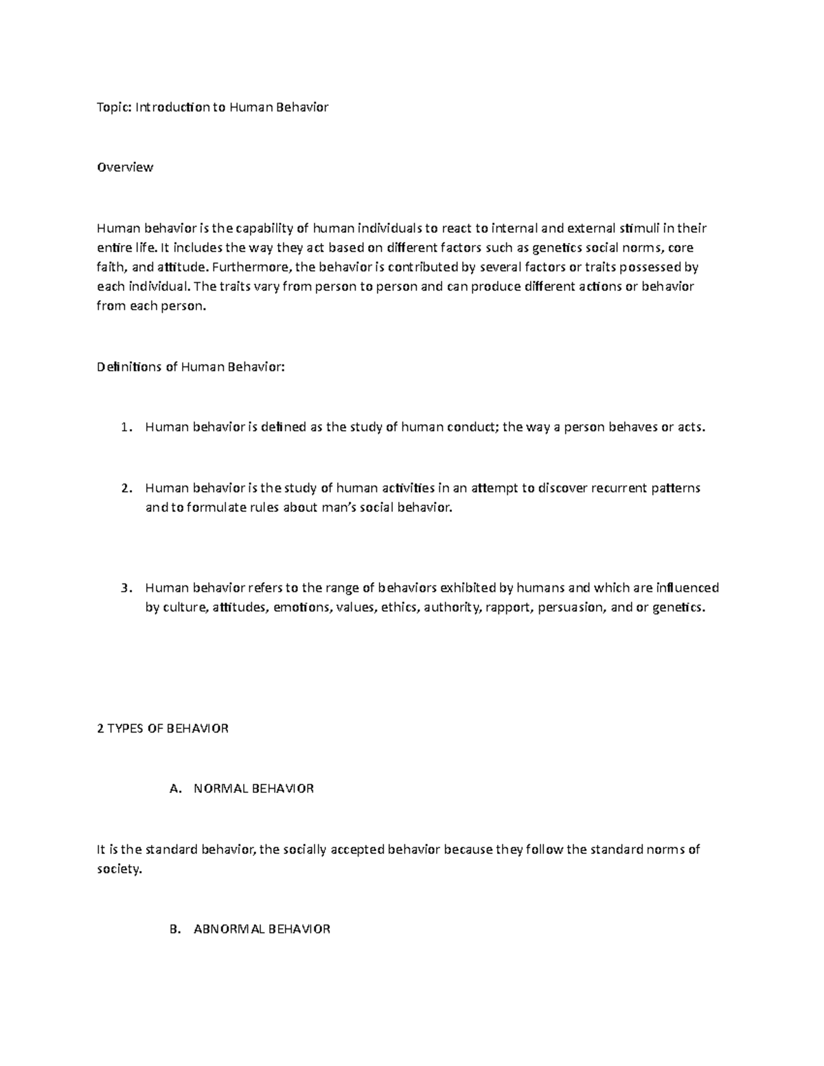 HB Gawain 1 - essay - Topic: Introduction to Human Behavior Overview ...