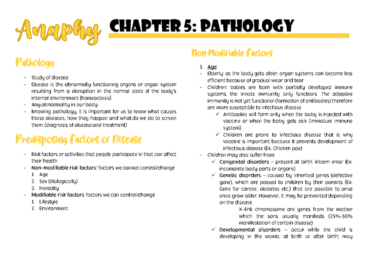 Chapter 5 Pathology 1 - Anaphy notes - Anatomy And Physiology - Chapter ...