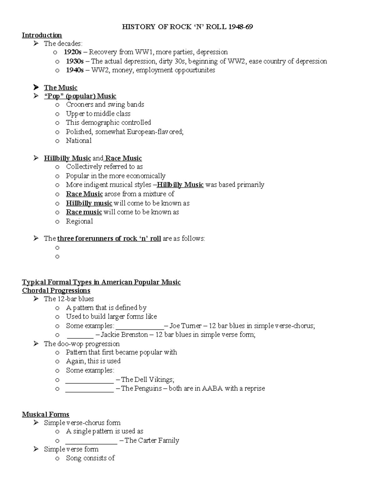 Class Notes - 1 - HISTORY OF ROCK ‘N’ ROLL 1948- Introduction The ...