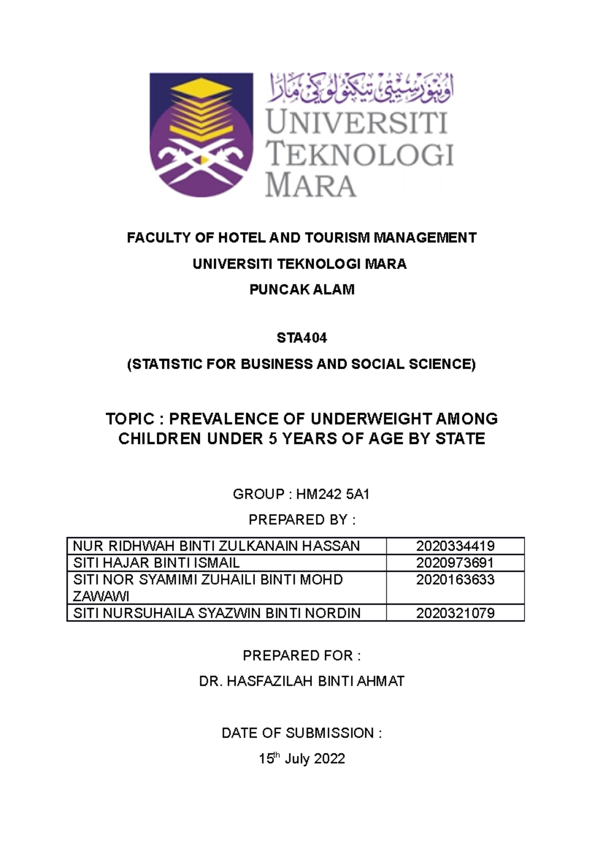 STA404 Group Project - PREVALENCE OF UNDERWEIGHT AMONG CHILDREN UNDER 5 ...