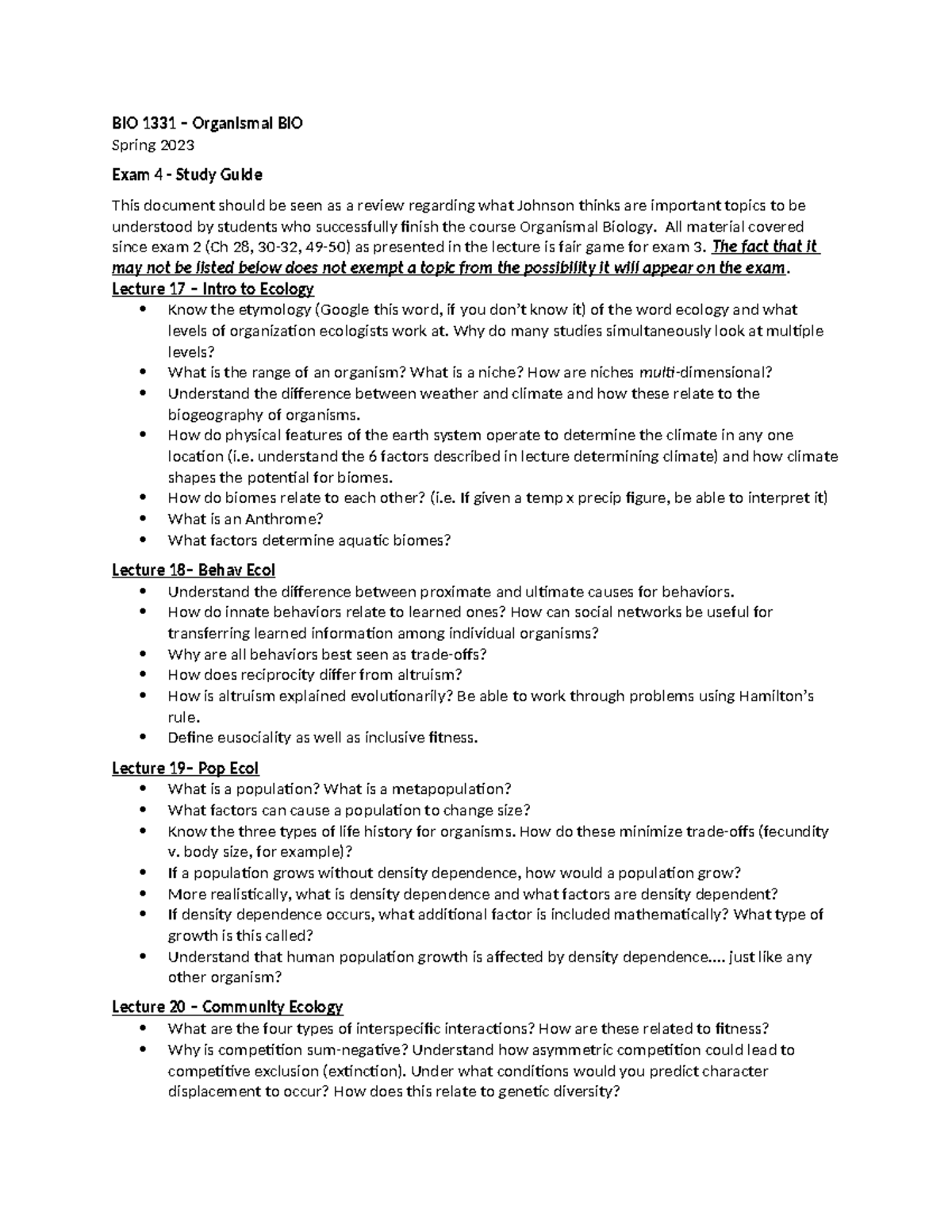 BIO 1331 Exam4Review Spring 2023 - BIO 1331 – Organismal BIO Spring ...
