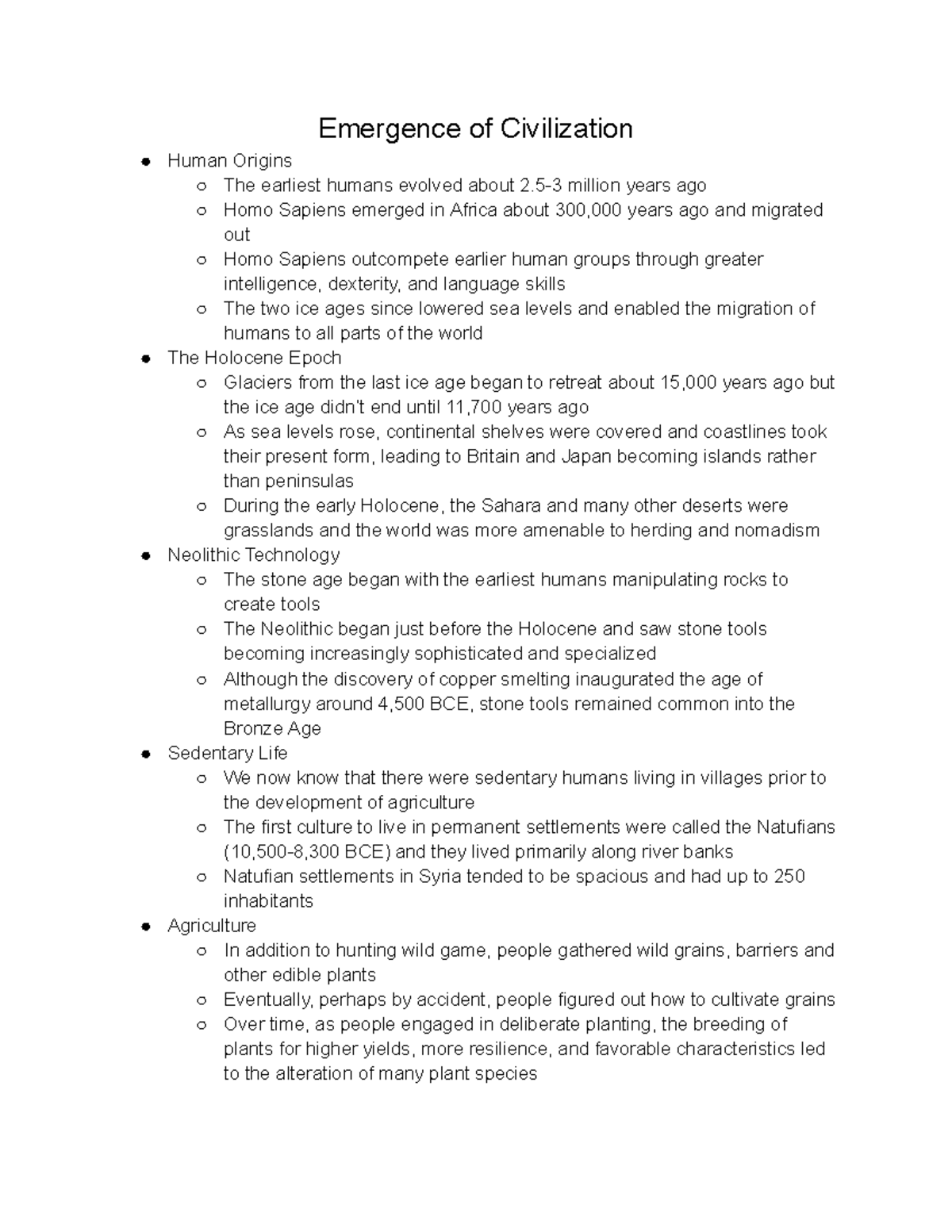 All lecture notes - Emergence of Civilization Human Origins The ...