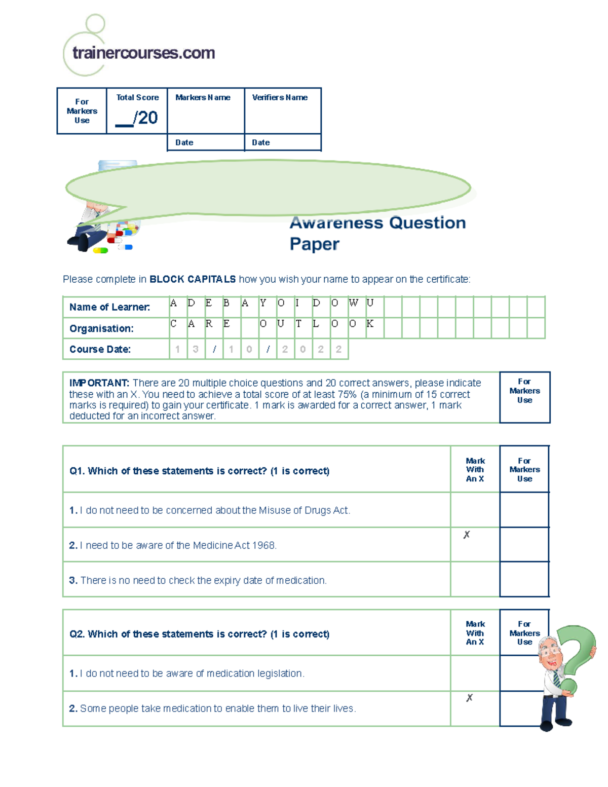 Medication Awareness Level 2 Question Paper V 2 - For Markers Use Total ...