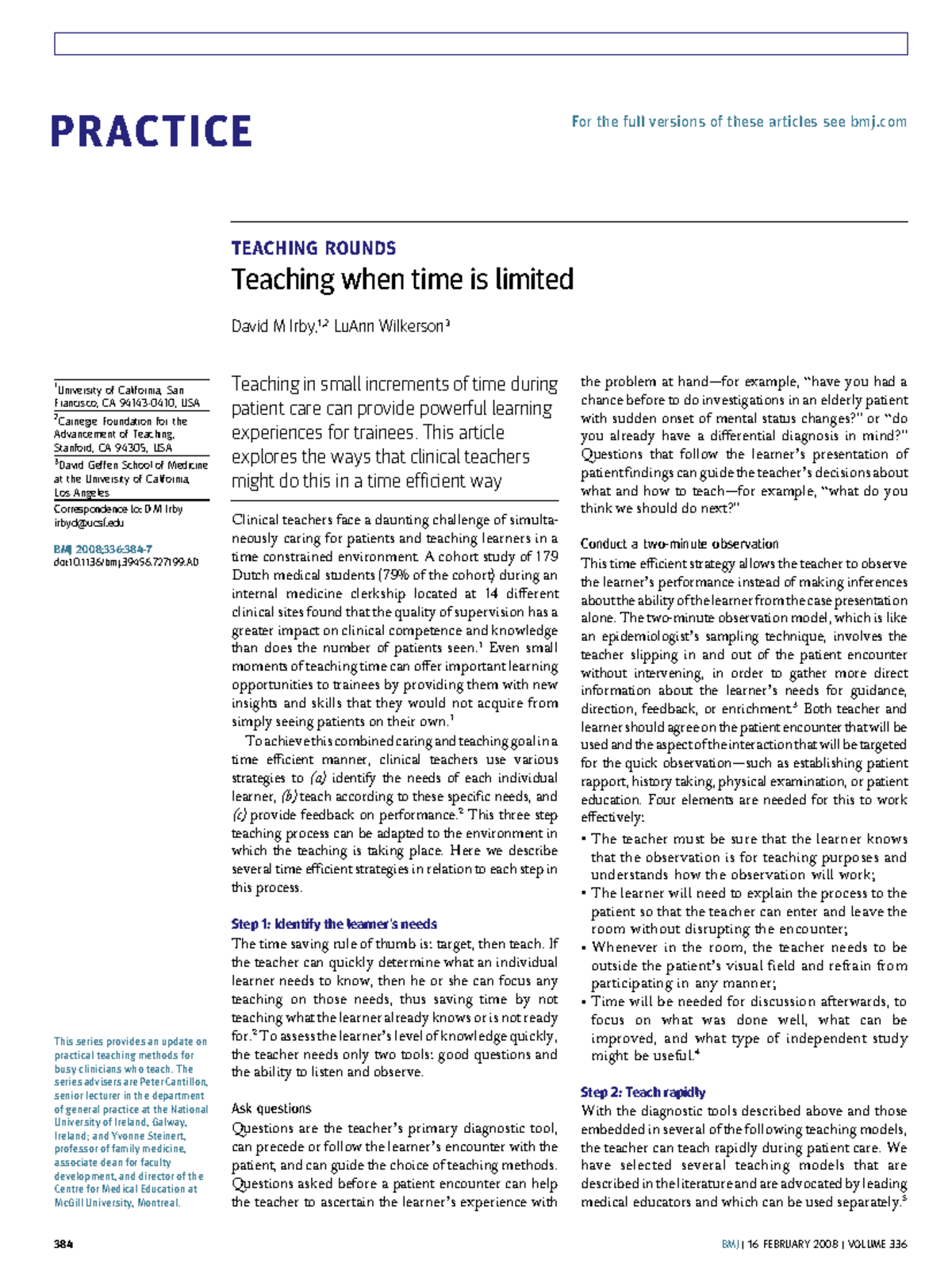 Teaching when time is limited IRBY BMJ 2008 - PRACTICE TEACHING ROUNDS ...