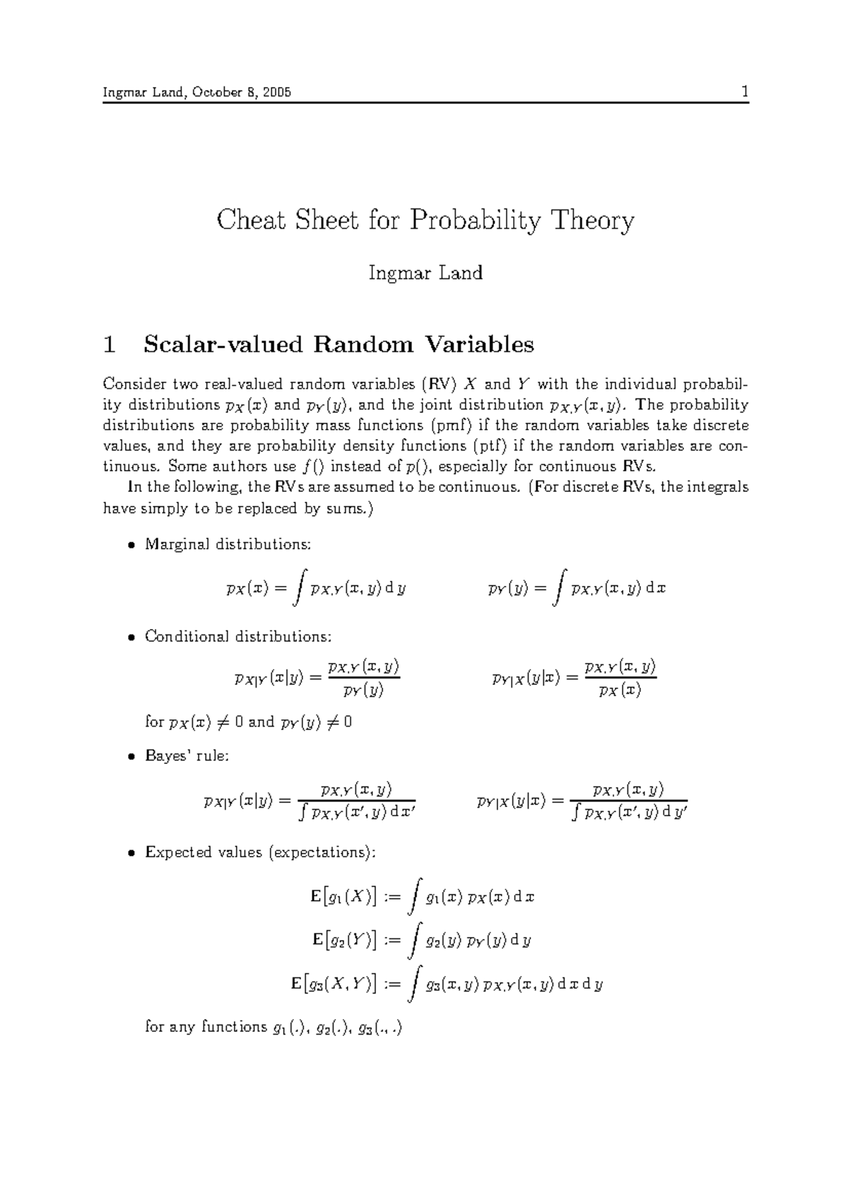 Probability theory - Cheat Sheet for Probability Theory Ingmar Land 1 ...