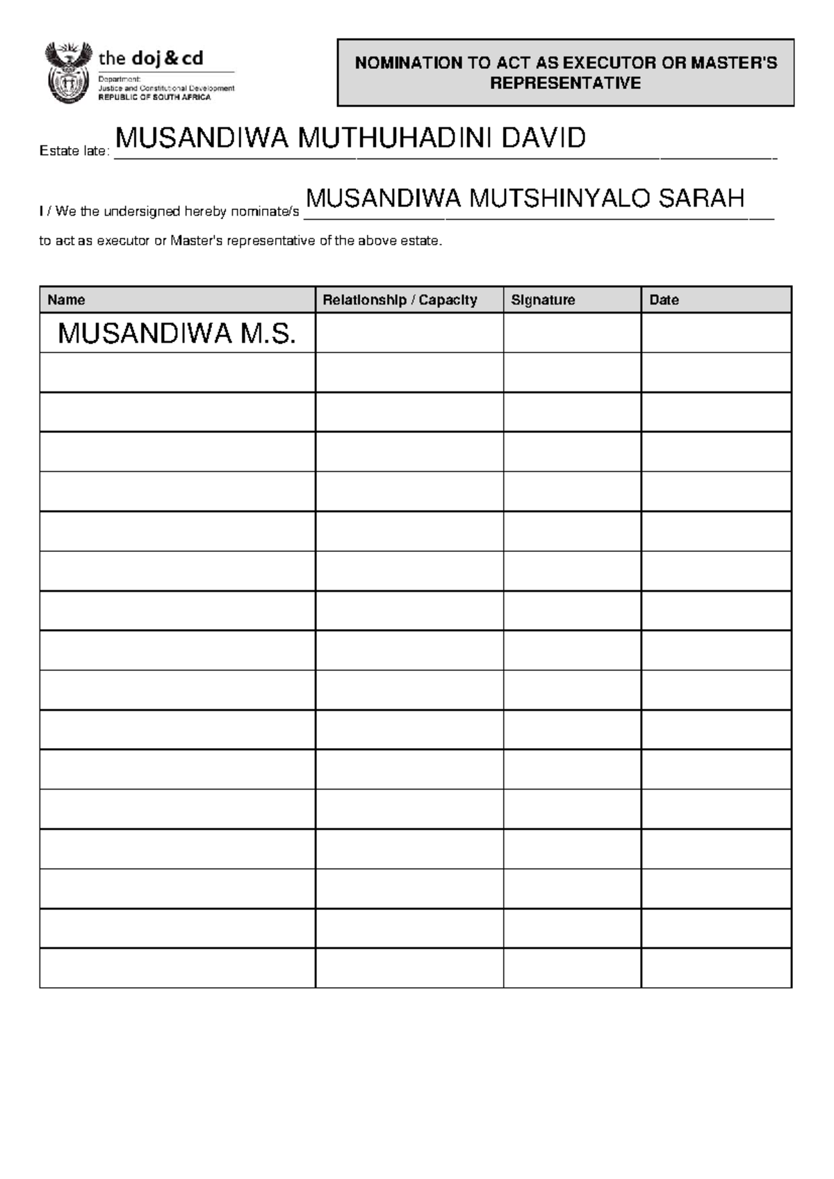 Letter of nomination - ADE4145 - NOMINATION TO ACT AS EXECUTOR OR ...