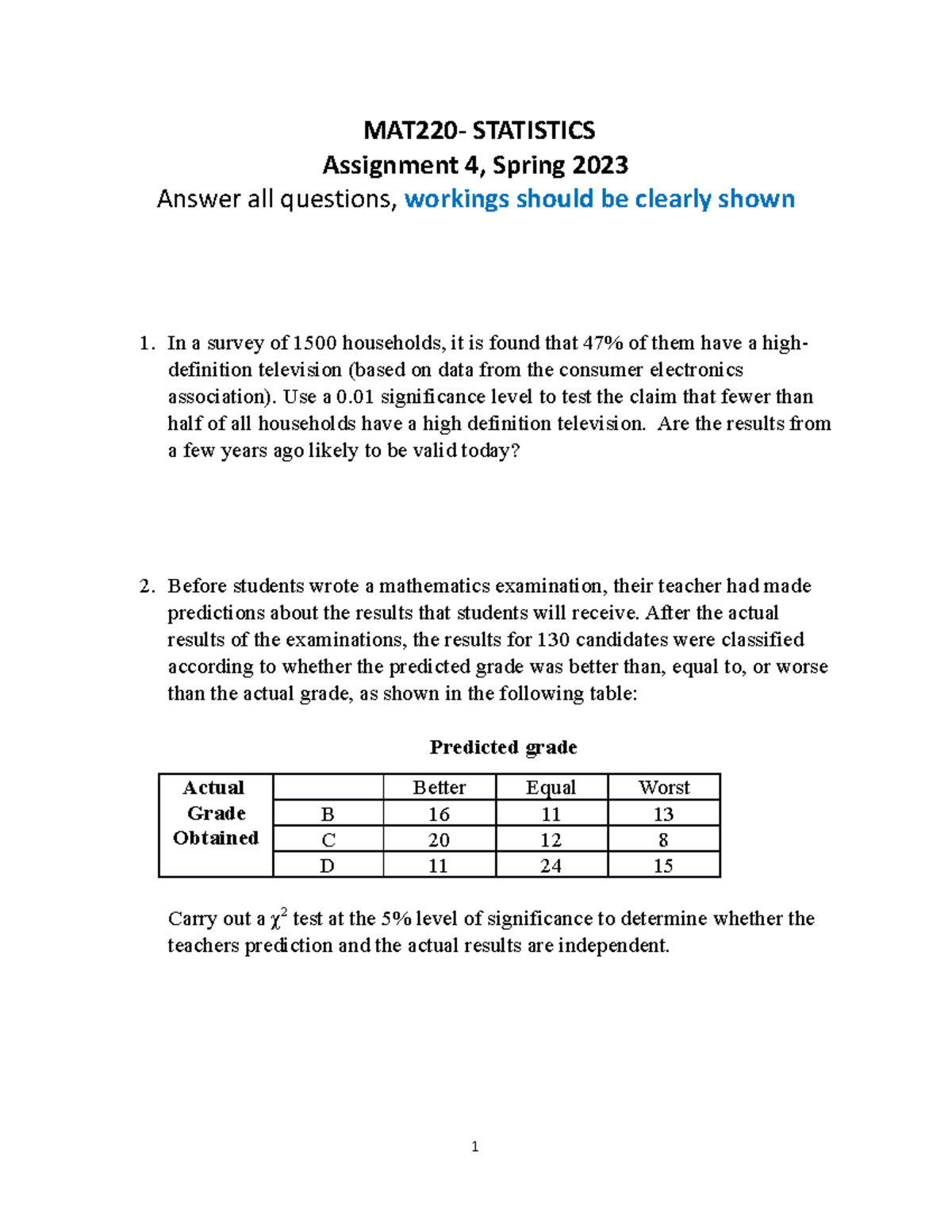 MATH 220- Assignment 4- Fall 2023 - MAT220- STATISTICS Assignment 4 ...