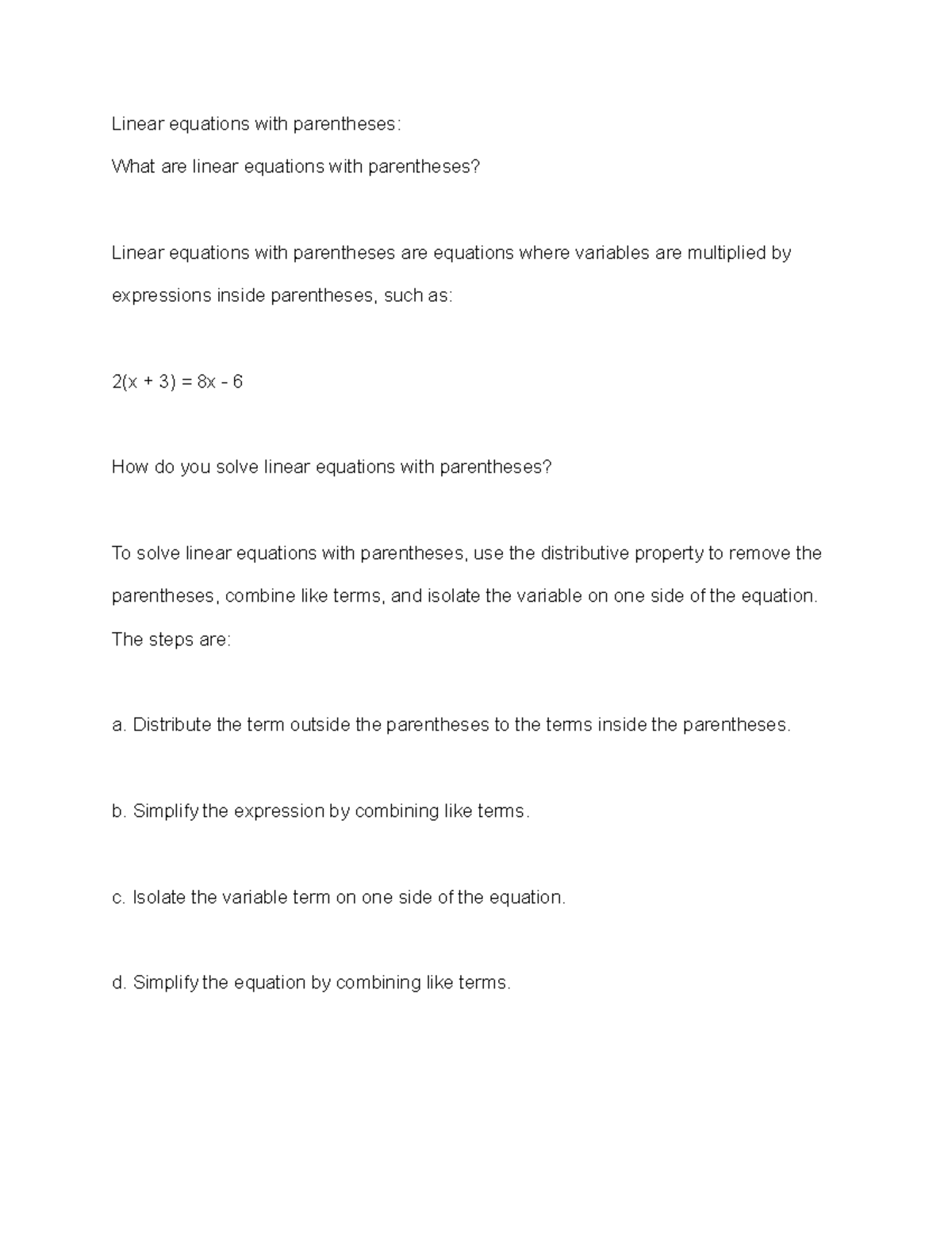 Linear equations with parentheses - Distribute the term outside the ...