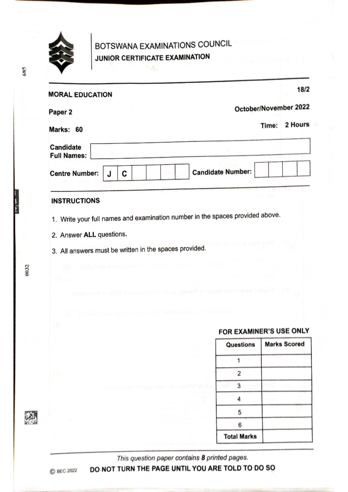 2022,BEC papers 072016 - BOTSWANA EXAMINATIONS COUNCIL JUNIOR ...