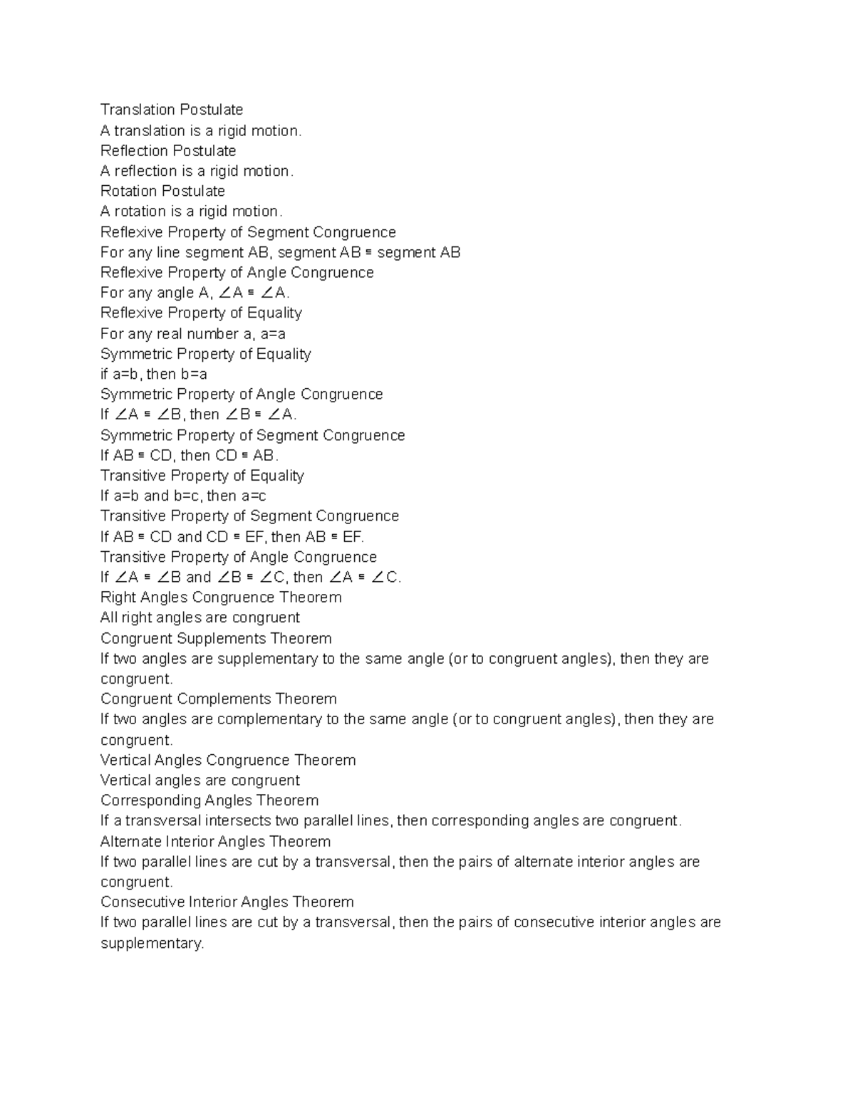 Translation Postulate - Reflection Postulate A reflection is a rigid ...
