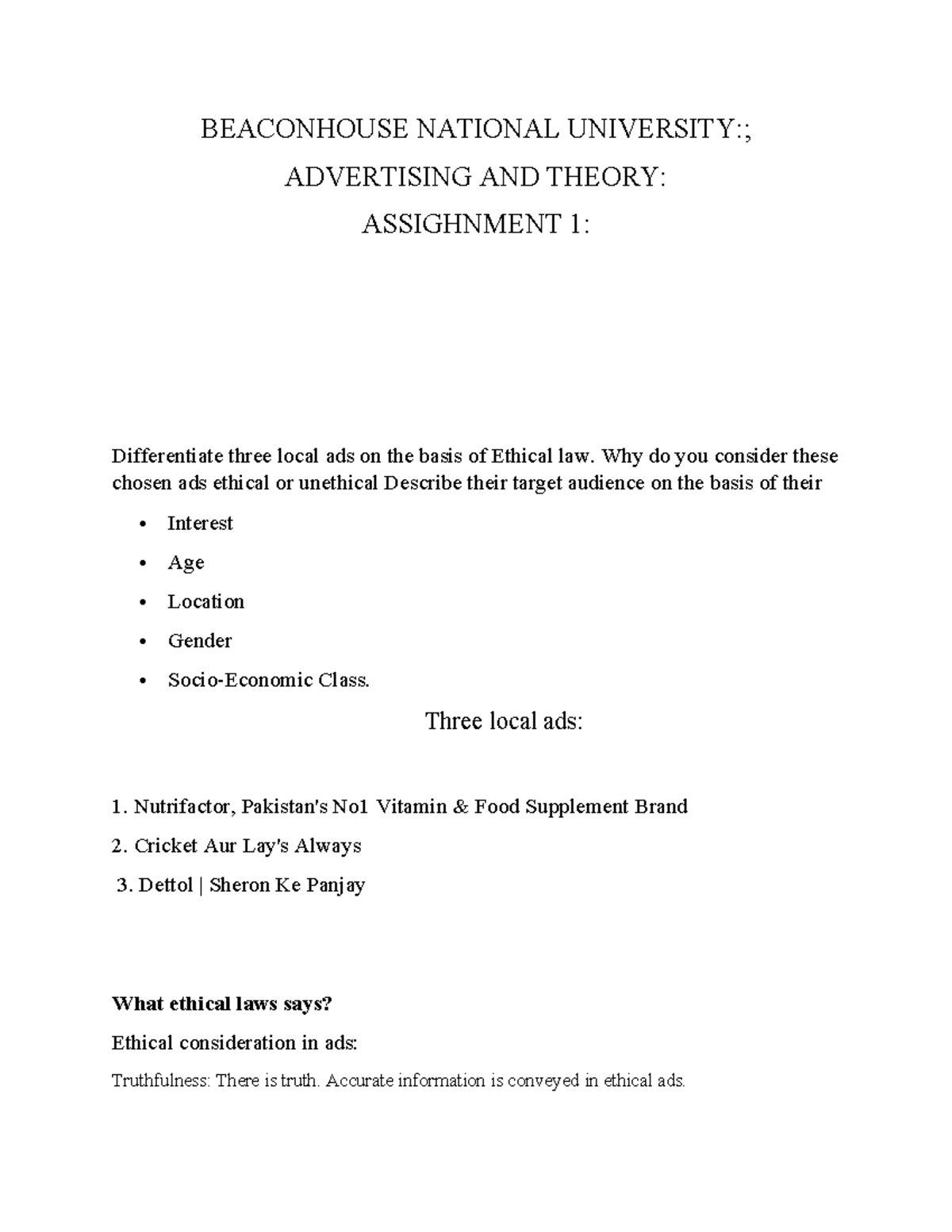 Advertising theory assighnment - BEACONHOUSE NATIONAL UNIVERSITY ...