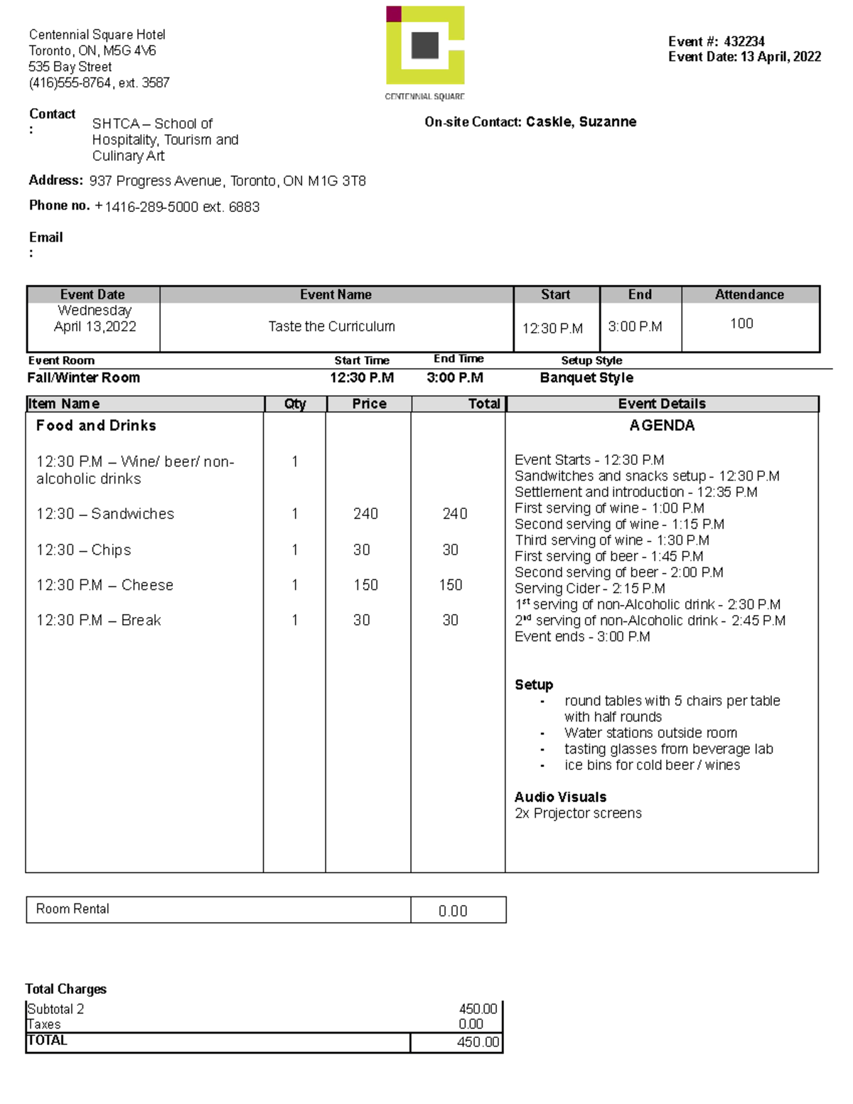 Centennial Square BEO Template - Centennial Square Hotel Toronto, ON ...