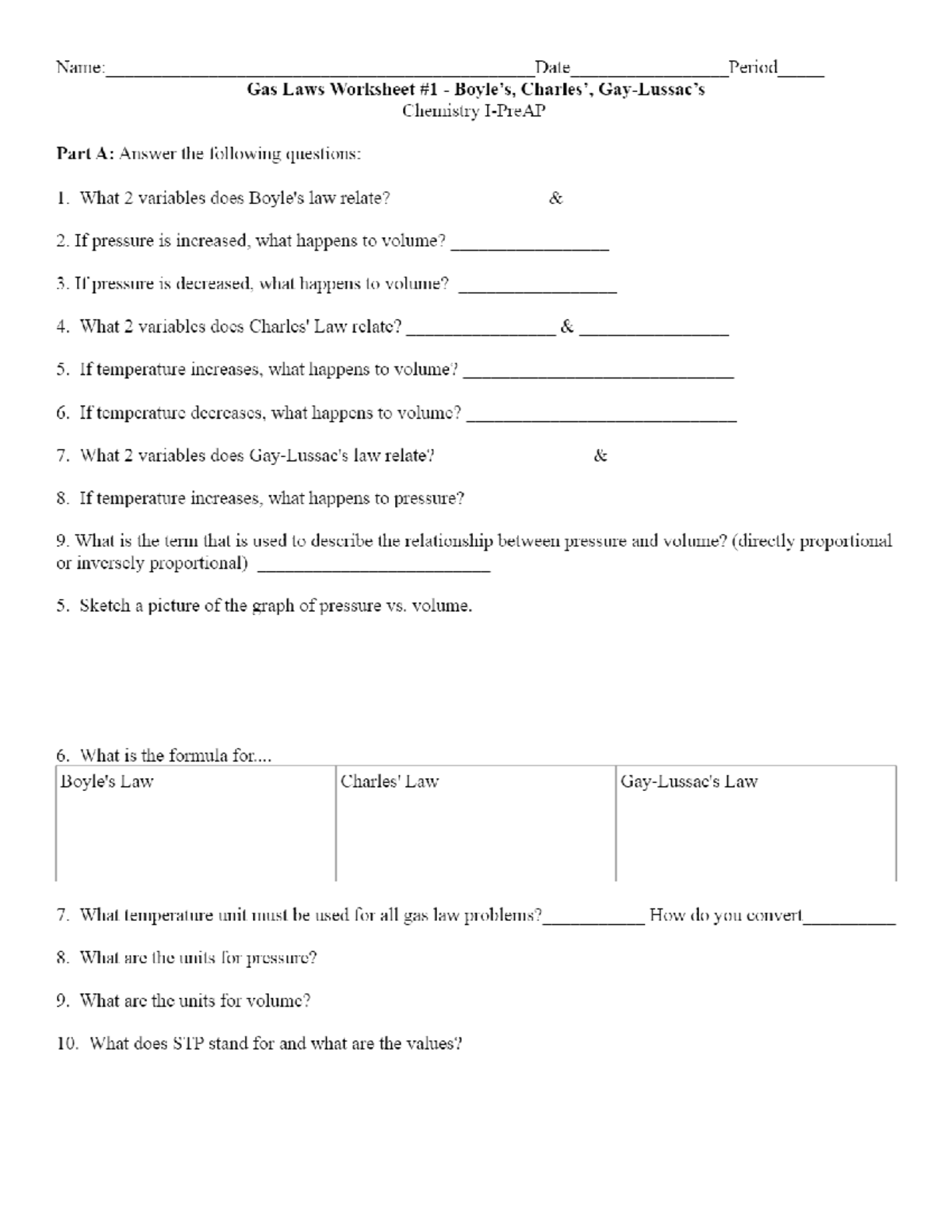 Name Gas Laws Worksheet #1 - Boyle's, Charles C - Chemical Engineering ...