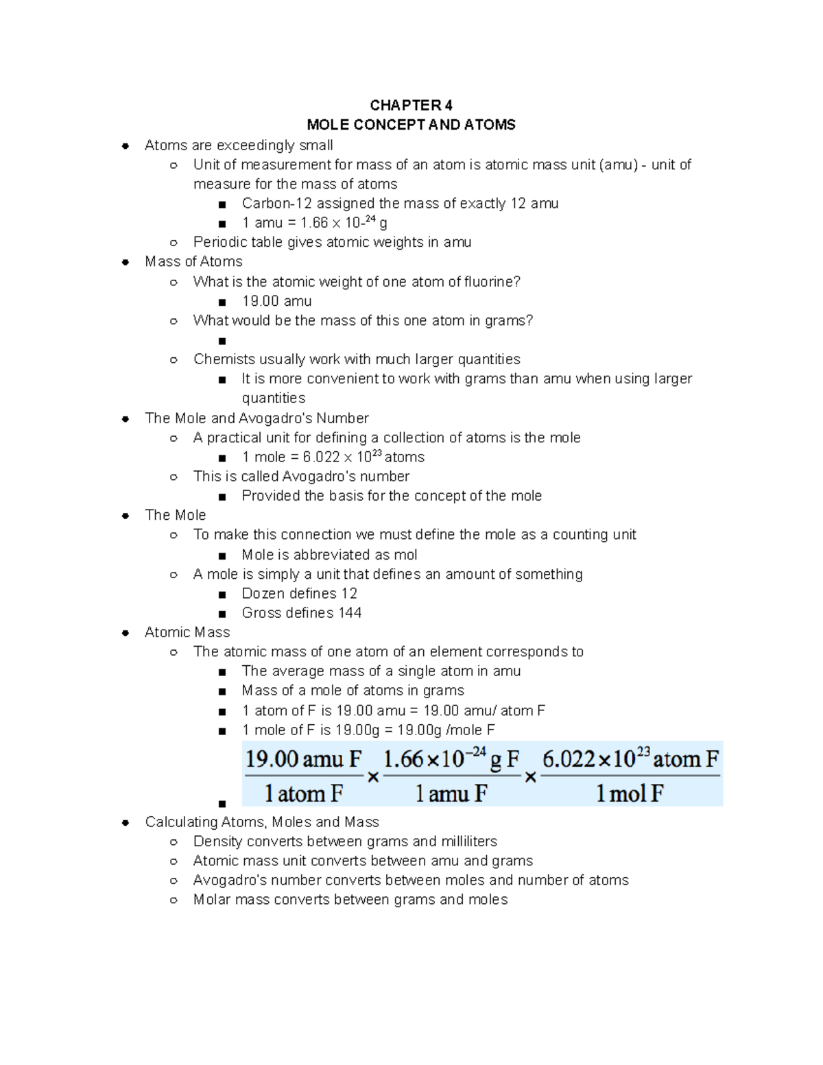 Chapter 4 - Lecture notes for exam prep - CHAPTER 4 MOLE CONCEPT AND ...