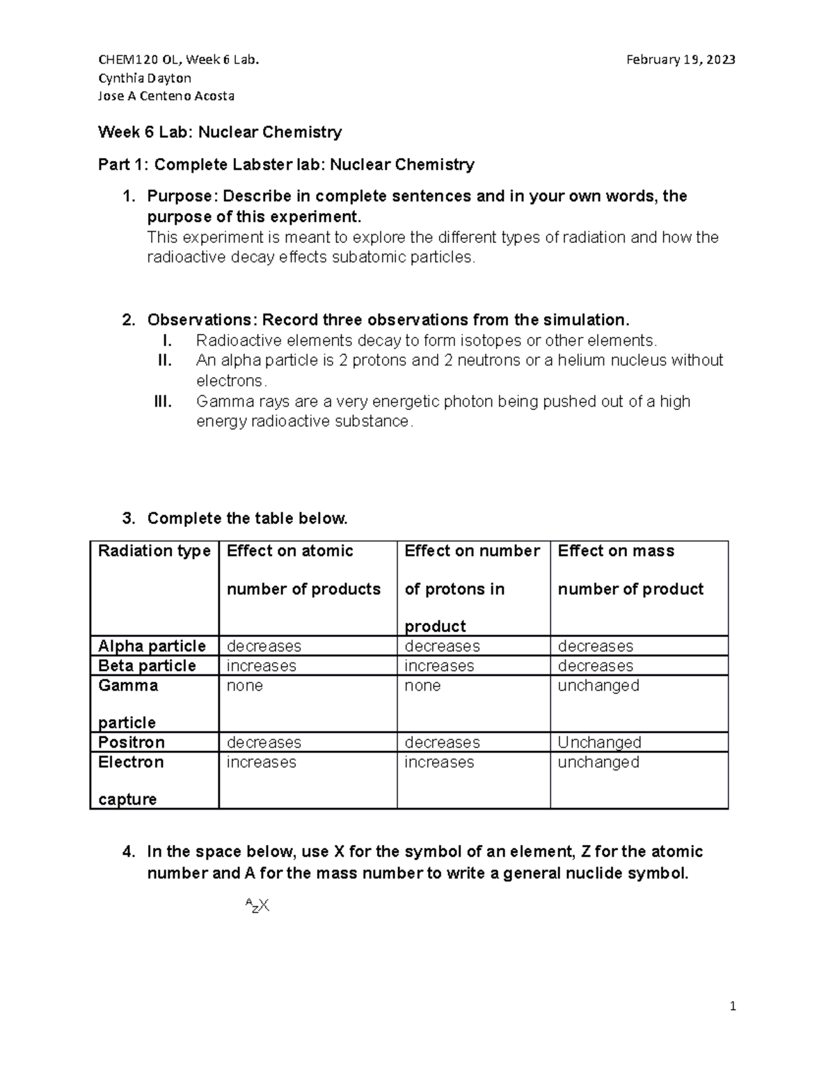 Lab report Wk 6 CHEM 120 - Cynthia Dayton Jose A Centeno Acosta Week 6 Lab: Nuclear Chemistry ...