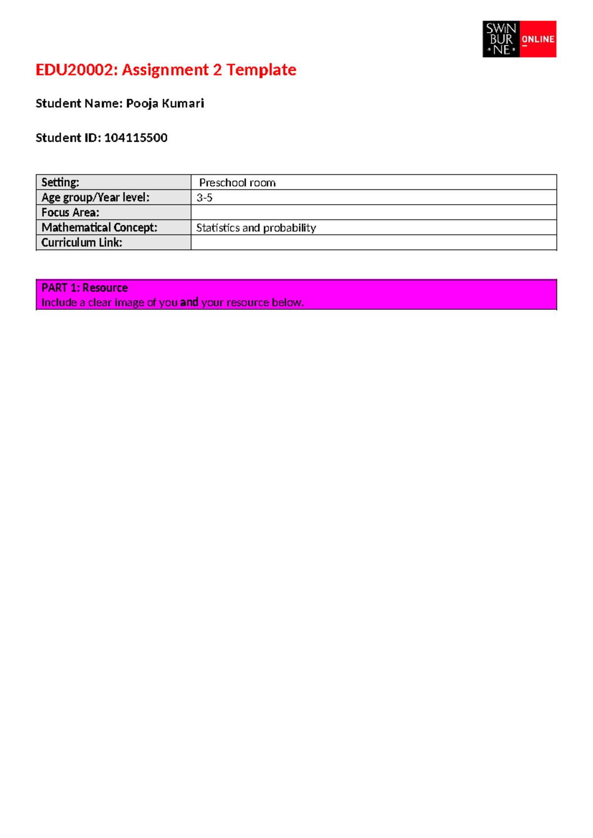 Assignment 2 -teaching reaources - EDU20002: Assignment 2 Template ...