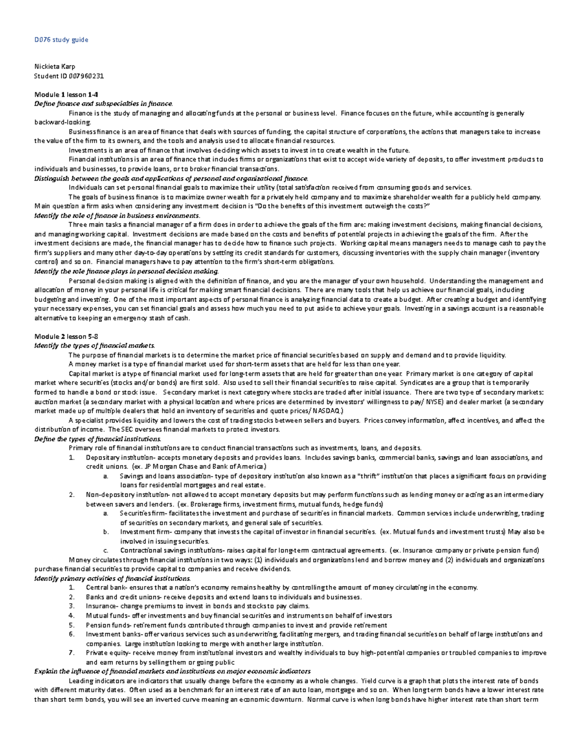 D076 study guide completed 2021-22 finance skills - D076 study guide ...