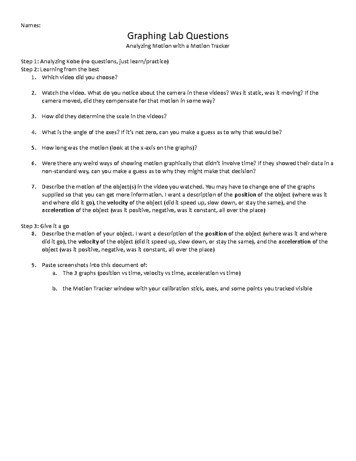 Graphing+Lab+Questions - Names: Graphing Lab Questions Analyzing Motion ...