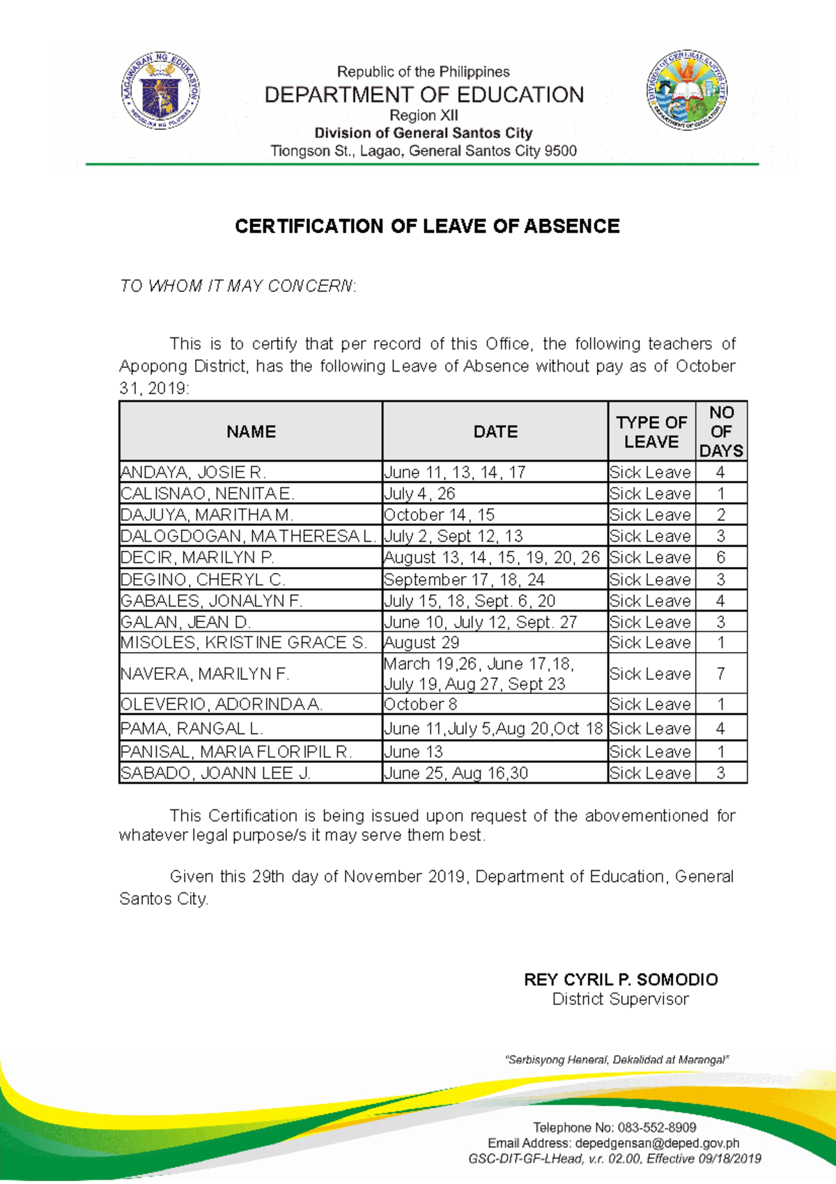 Withoutpay - Apopong Dst - CERTIFICATION OF LEAVE OF ABSENCE TO WHOM IT ...