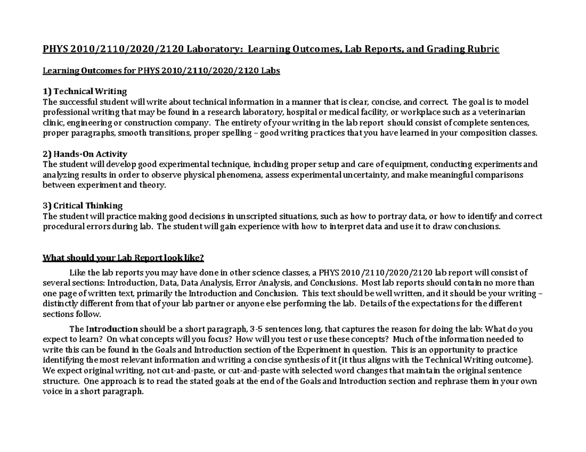 General Rubric Phys Labs-2016-1 - PHYS 2010/2110/2020/2120 Laboratory ...
