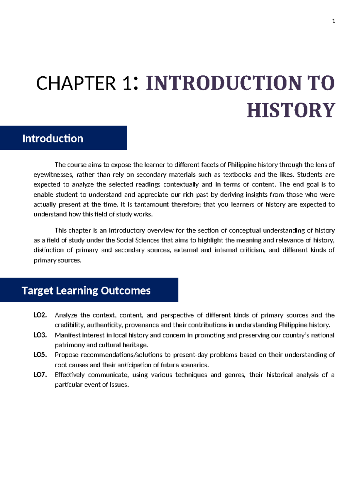 Chapter 1 - CHAPTER 1: INTRODUCTION TO HISTORY The course aims to ...