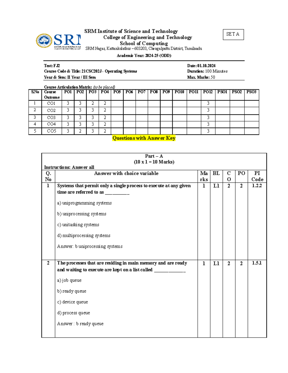 Set A Answer Key Srm Institute Of Science And Technology College Of Engineering And Technology