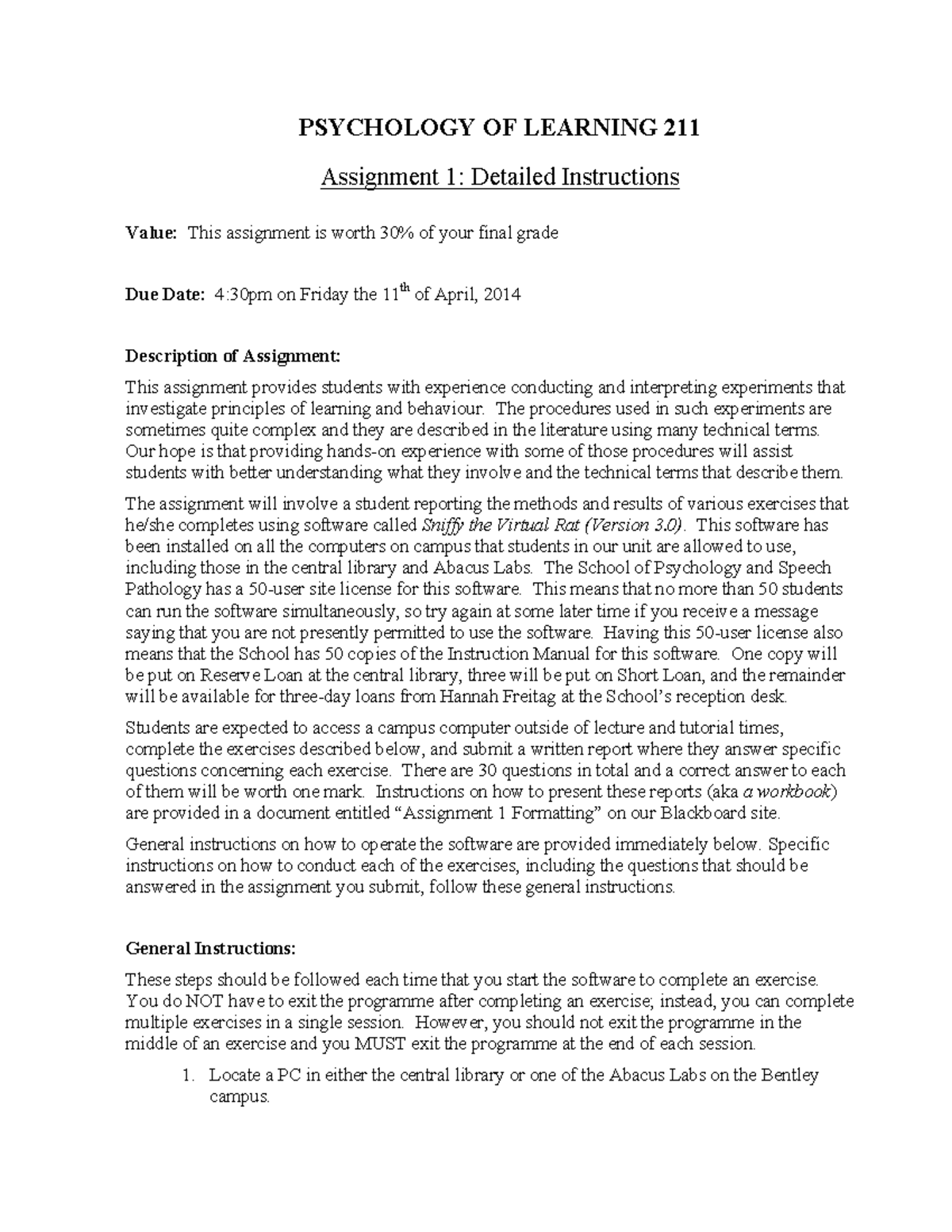 Assignment 1 Instructions 2014 - PSYCHOLOGY OF LEARNING 211 Assignment ...