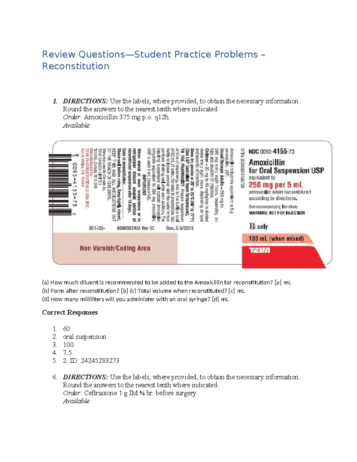 Review Questions for Reconstitution + Answers - Review Questions—Student Practice Problems ...