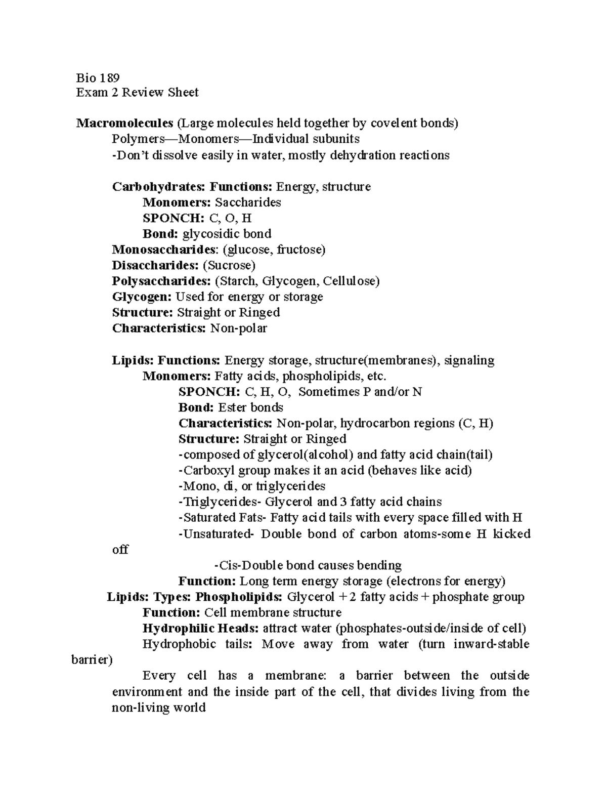 Bio 189 Exam 2 Review Sheet - Bio 189 Exam 2 Review Sheet ...