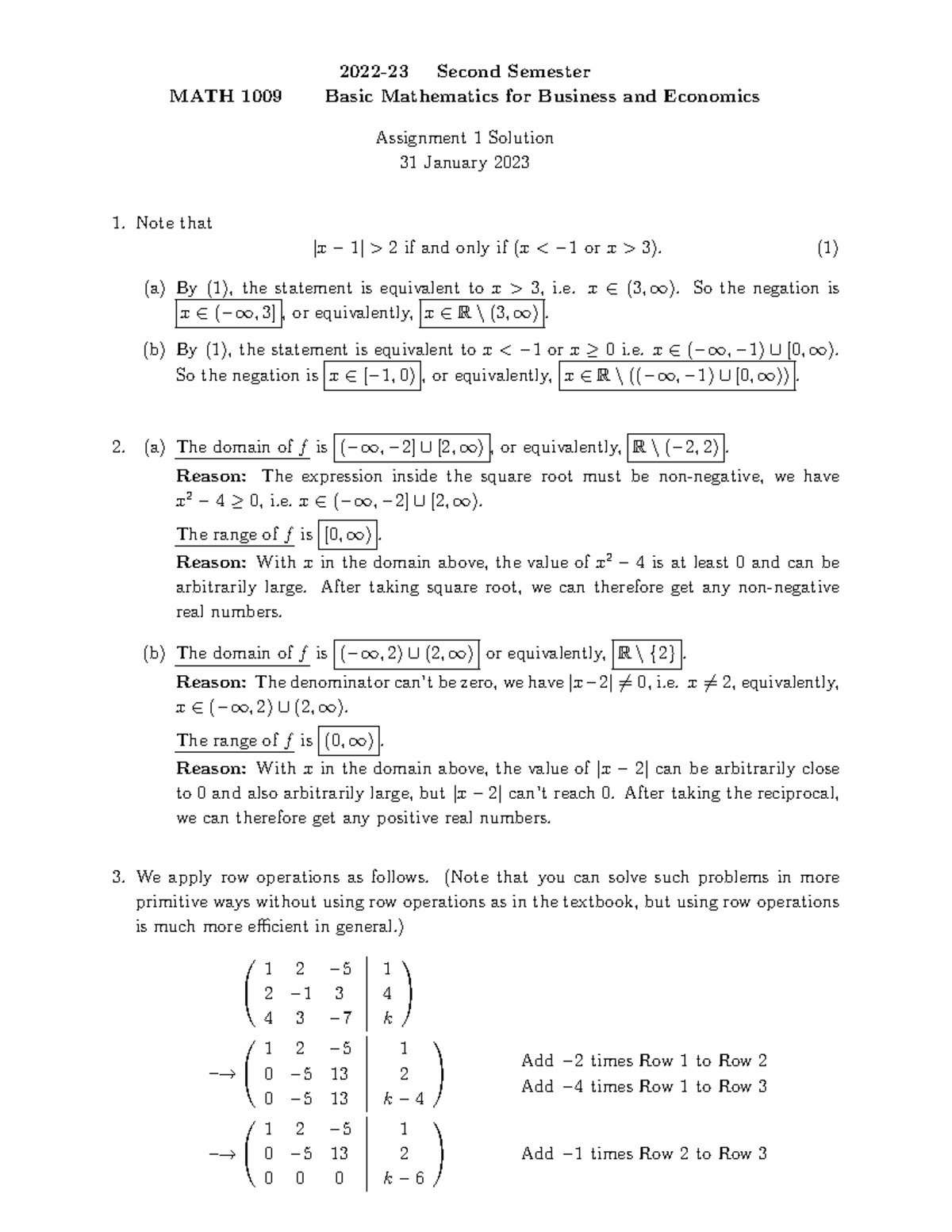 22 23 2 1009 A1 soln - answer - 2022-23 Second Semester MATH 1009 Basic Mathematics for Business ...