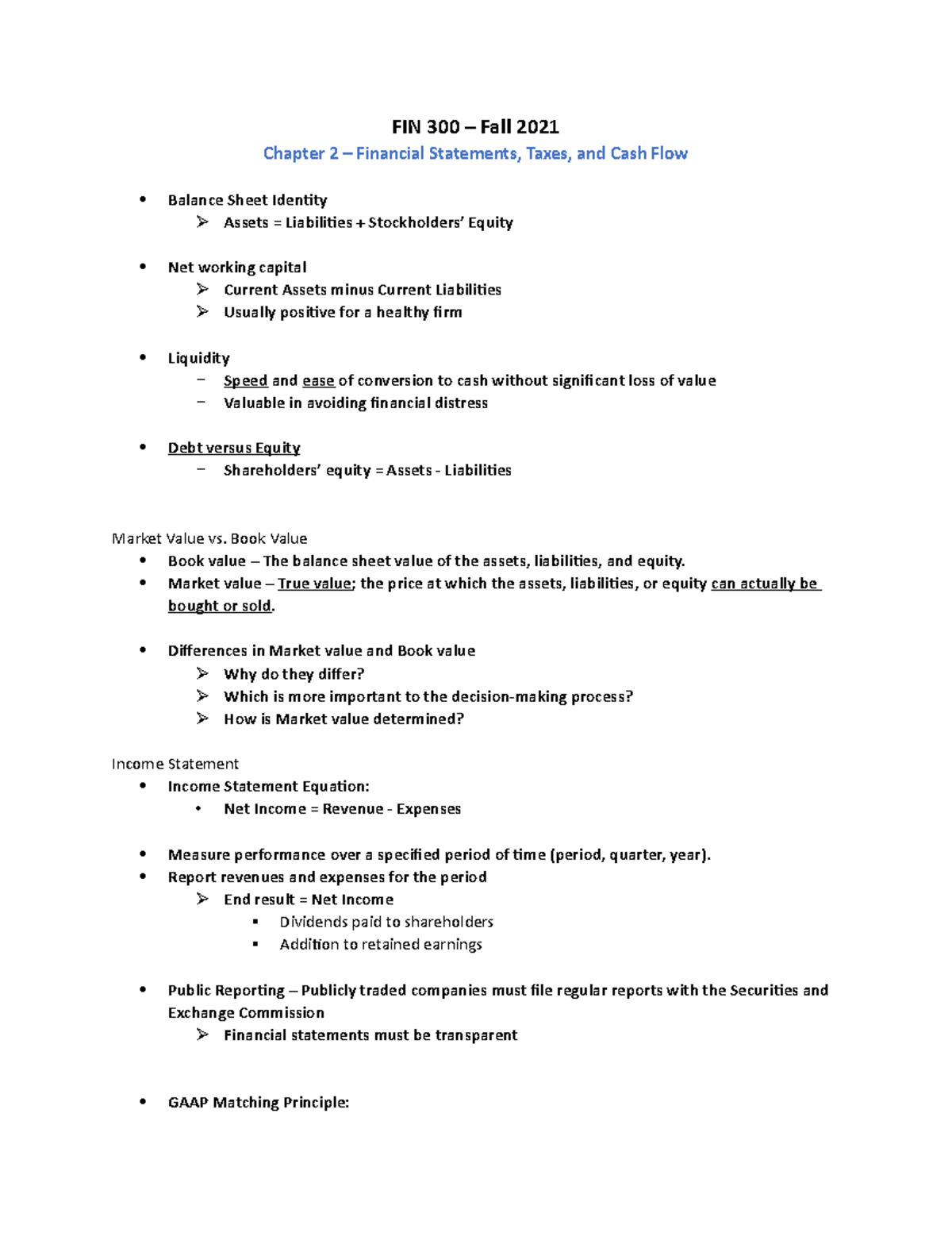 FIN 300 Lecture Notes Chapter 2 Financial Statements, Taxes, and Cash ...