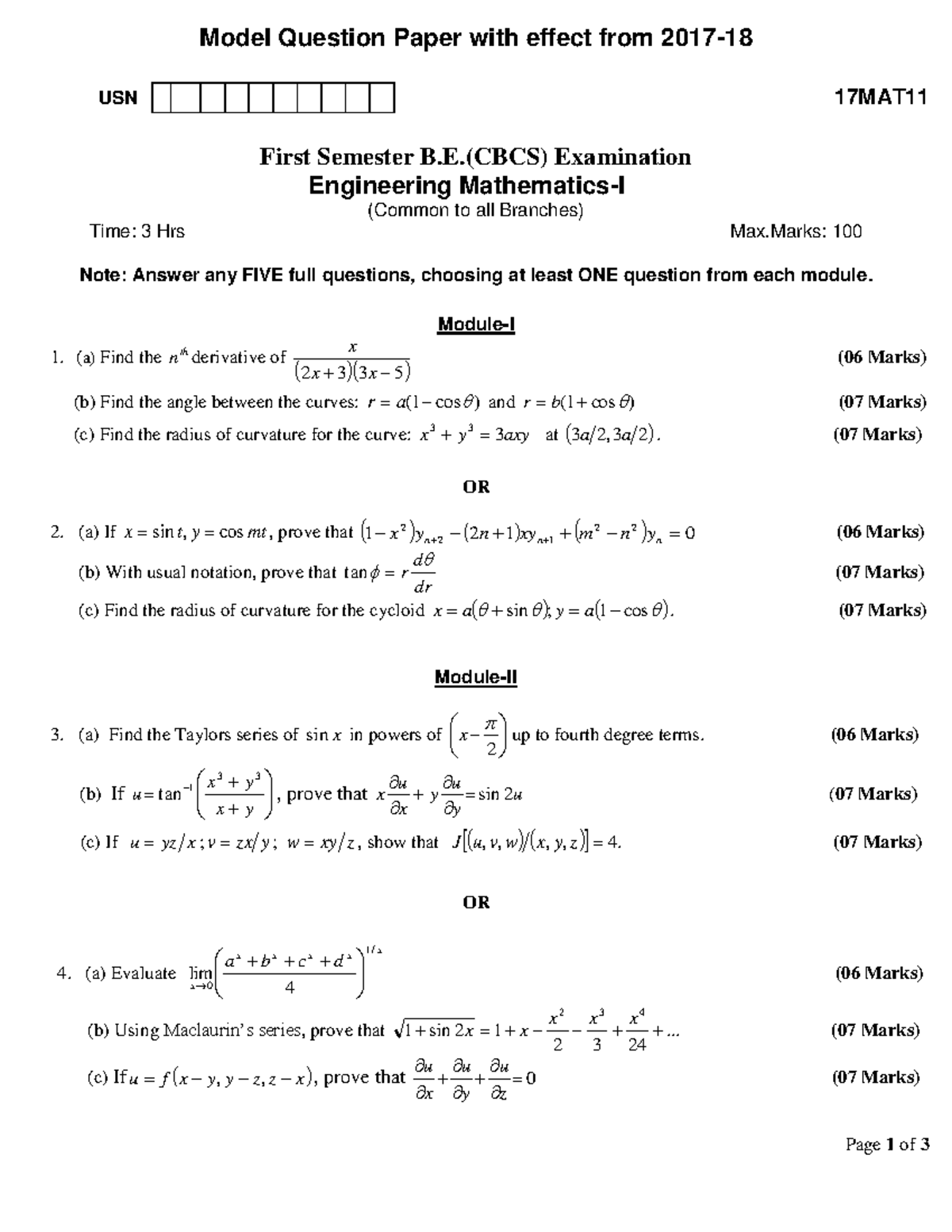 17mat11 - Maths previous paper - Page 1 of 3 Model Question Paper with ...