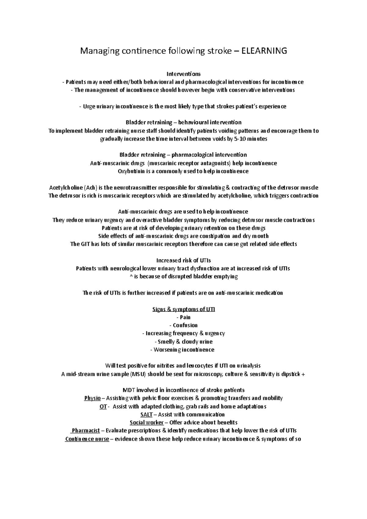 Managing continence following stroke - Studocu