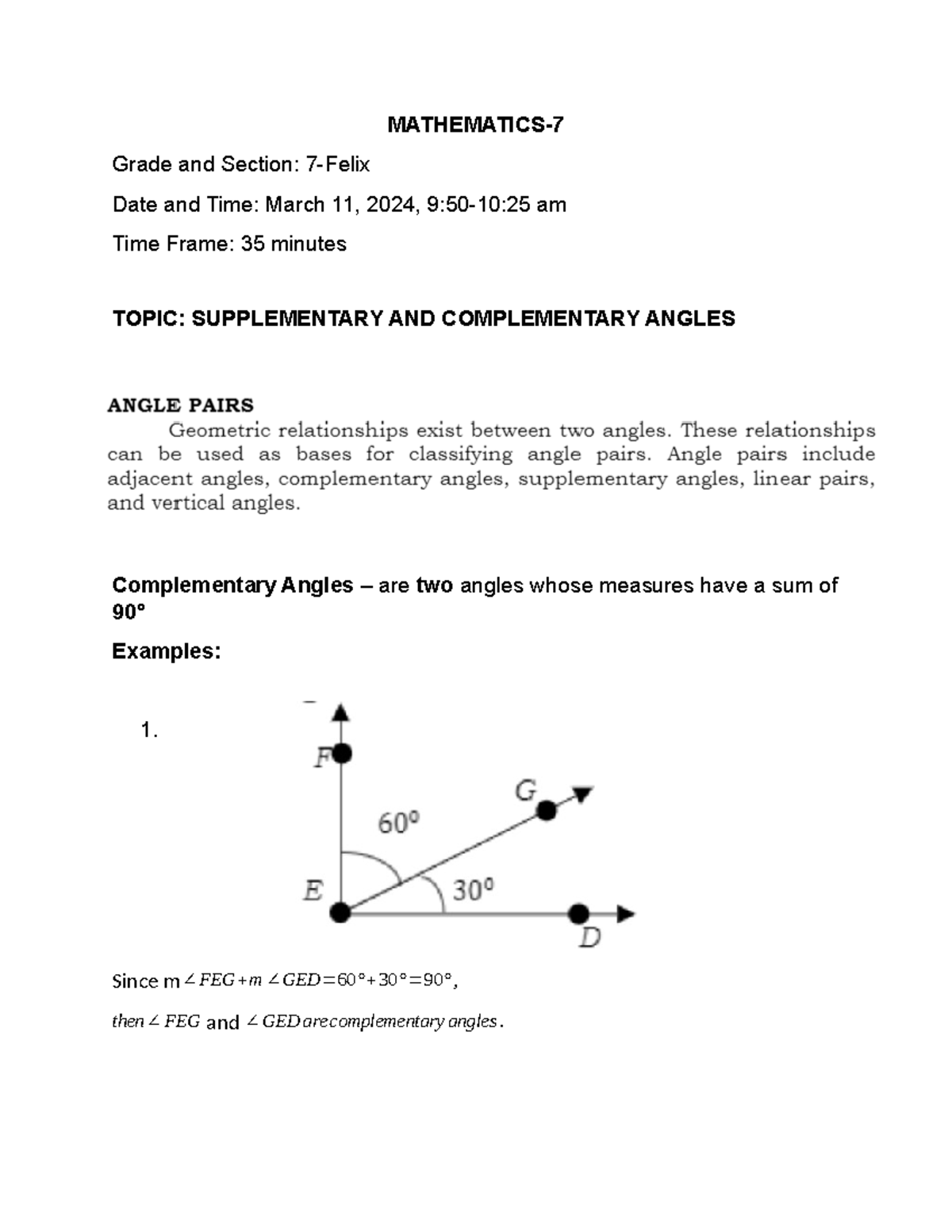 Mathematics 7 - MATHEMATICS- Grade and Section: 7-Felix Date and Time ...