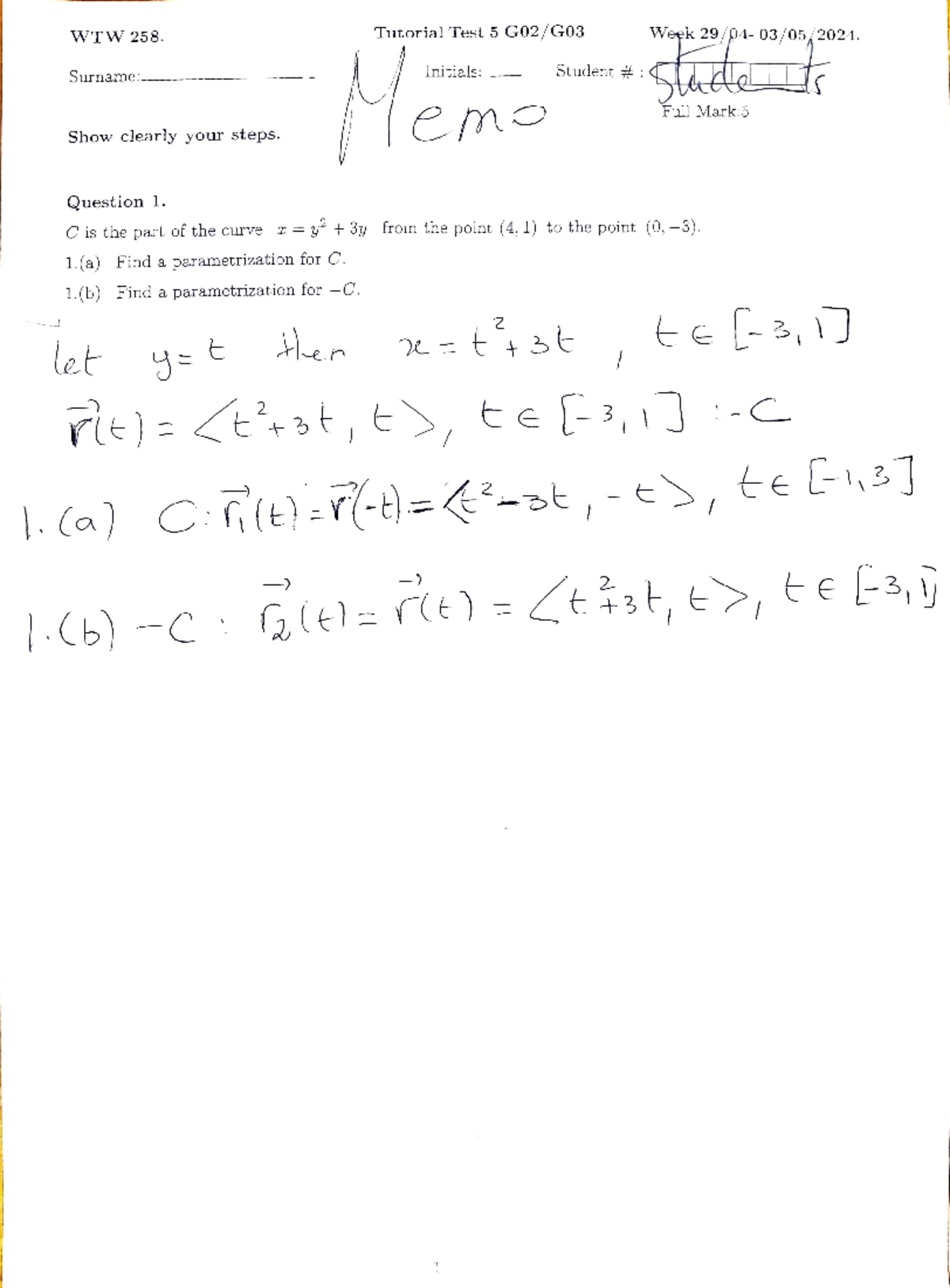WTW 258 tutorial test 5 memo - |(b) -c Glel= re) = , te 3,) -) |. (a) C ...