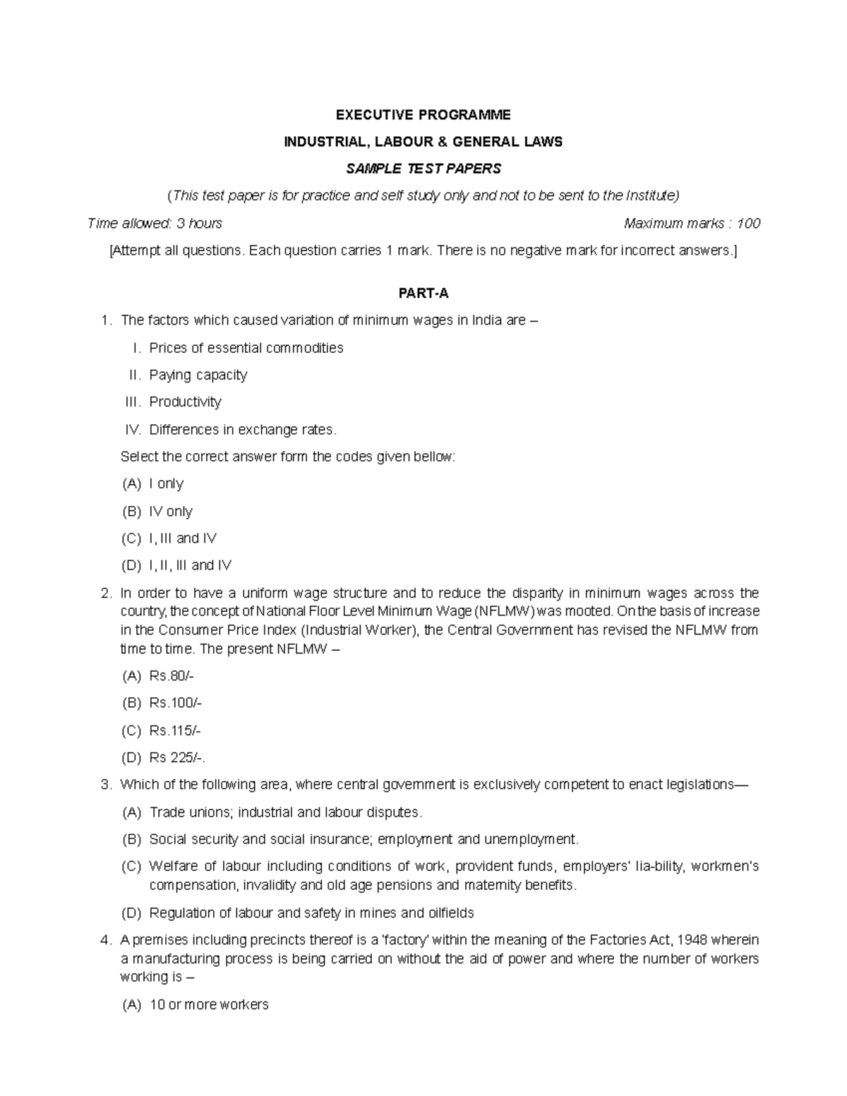 Labour Law MCQ Questions EXECUTIVE PROGRAMME INDUSTRIAL LABOUR