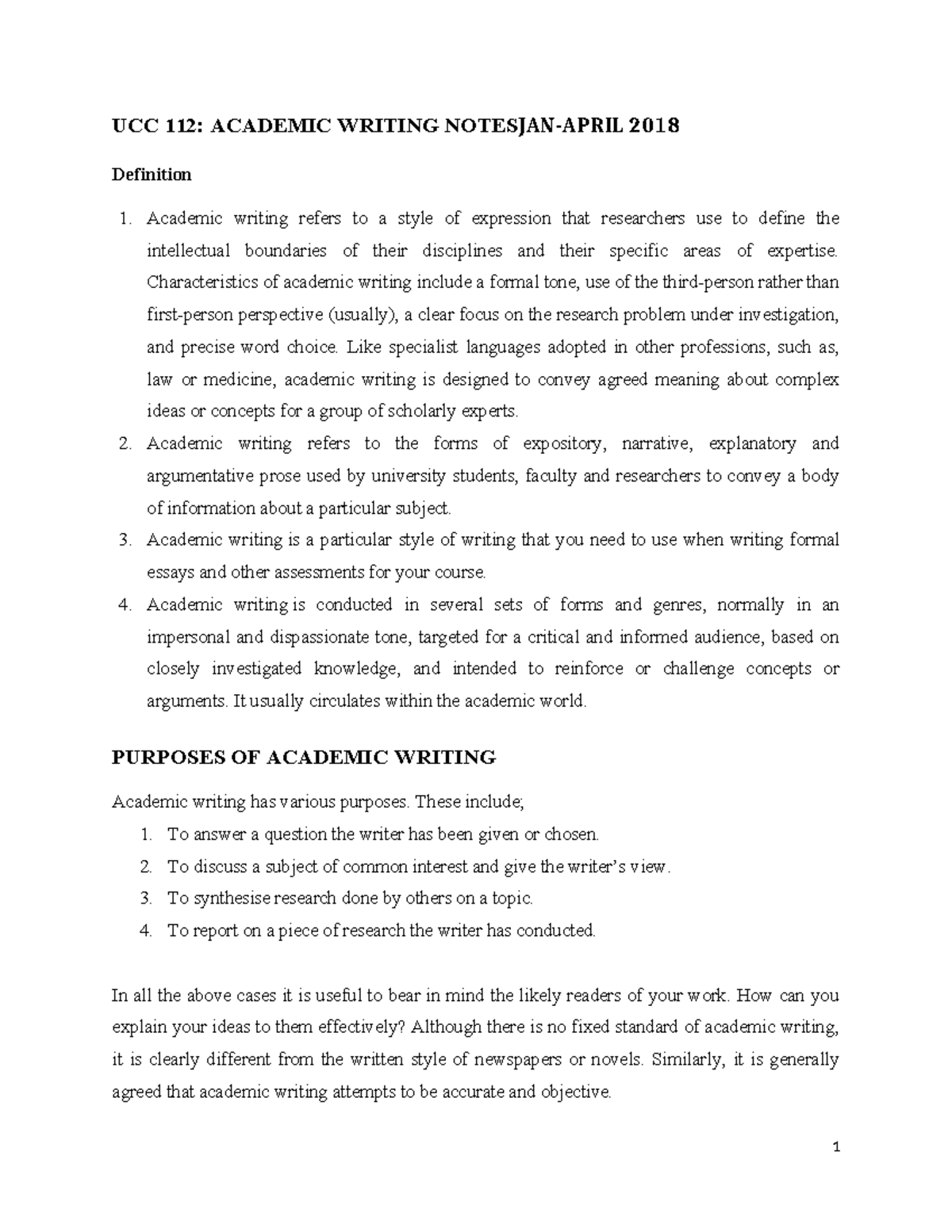 Academic Writing Notesoct 19 - UCC 112: ACADEMIC WRITING NOTESJAN-APRIL ...