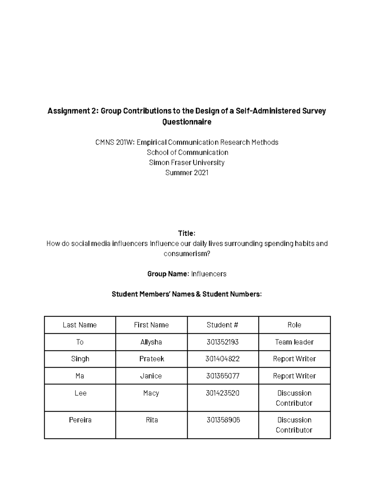 CMNS202 Assignment 2- Group Influencers group project - Assignment 2 ...