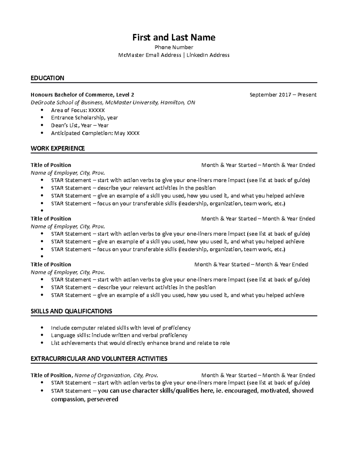 Resume Template - First and Last Name Phone Number McMaster Email ...