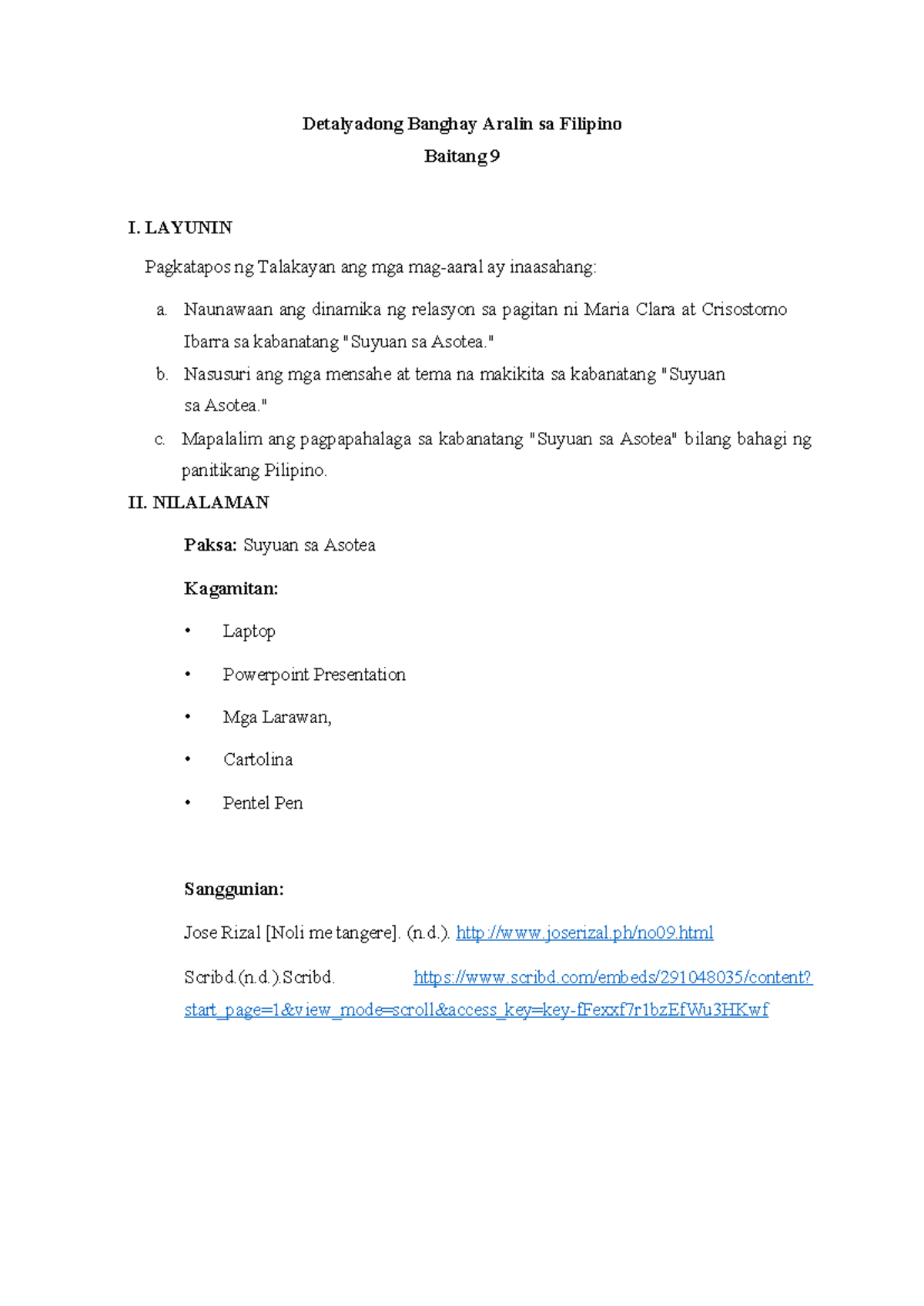 Suyuan SA Asotea - Detalyadong Banghay Aralin sa Filipino Baitang 9 I ...