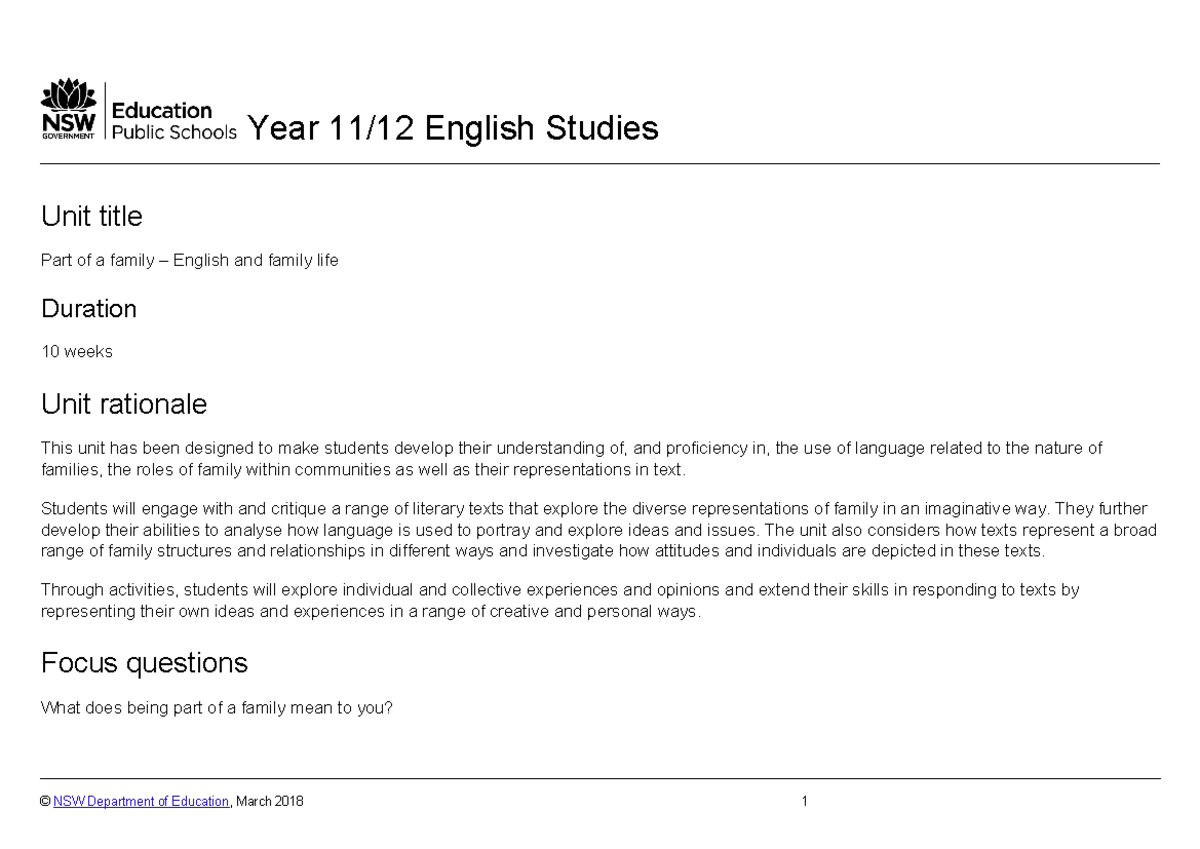 Part of a Family Unit - .......... - Year 11/12 English Studies Unit ...