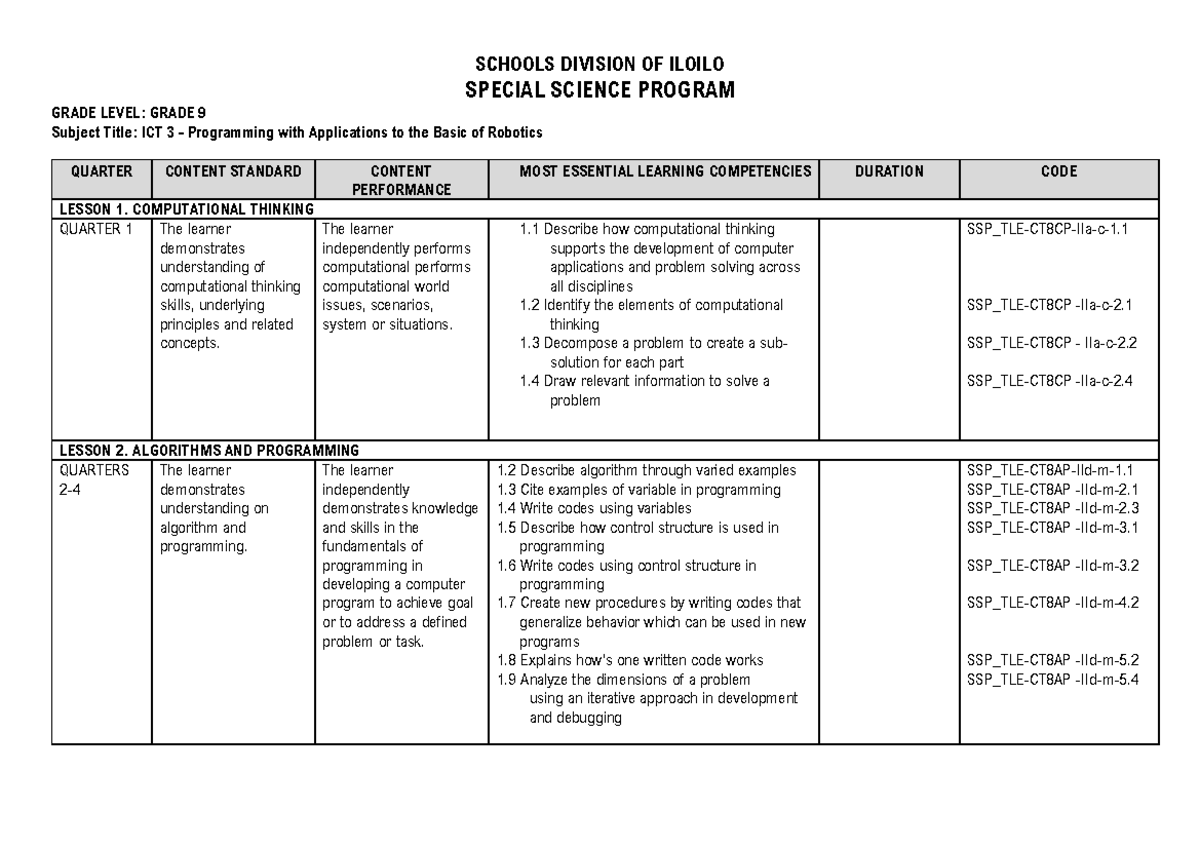 ICT 9 Robotics Melcs - SCHOOLS DIVISION OF ILOILO SPECIAL SCIENCE ...